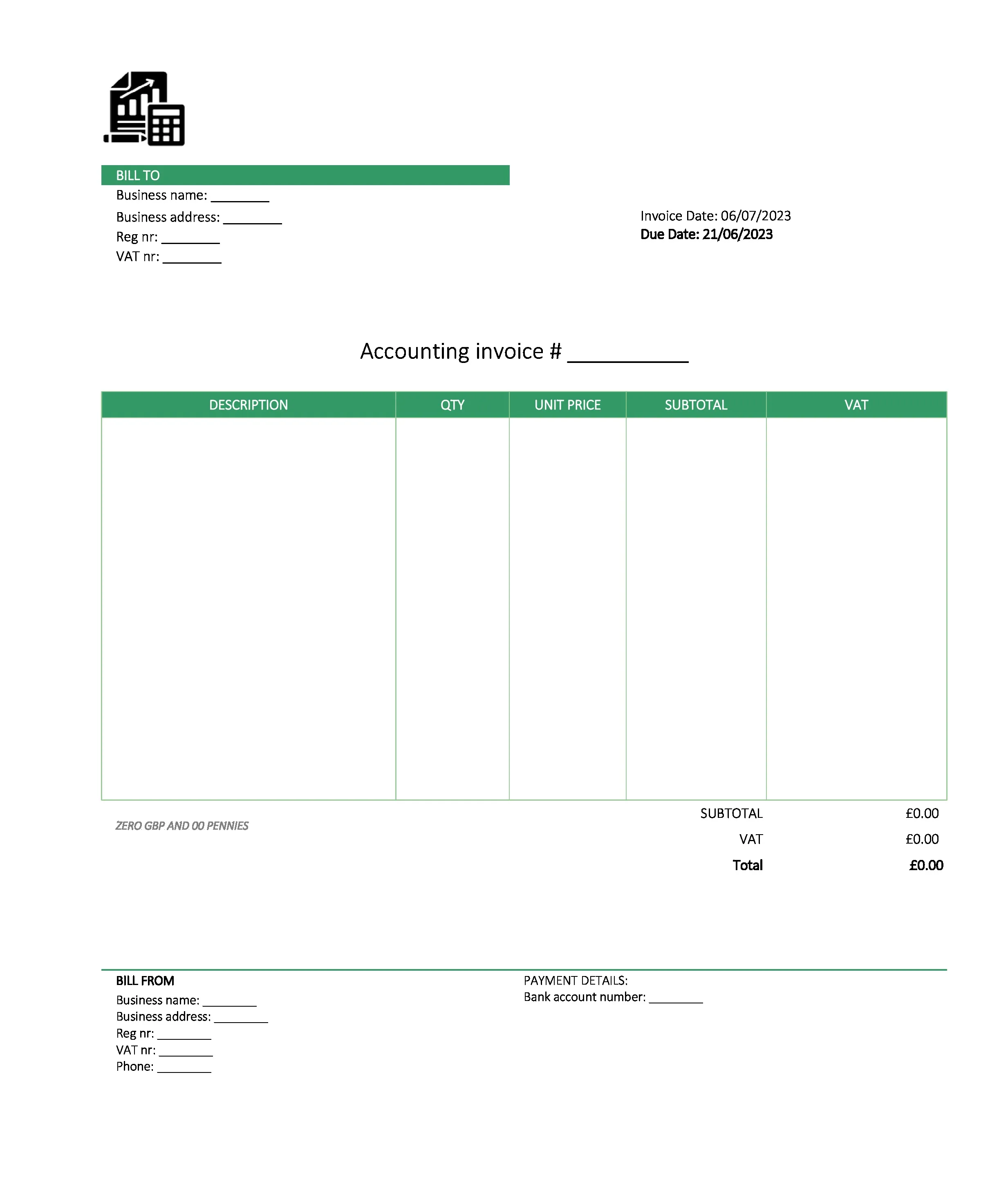 Digital Accounting Invoice Template UK Excel / Google sheets