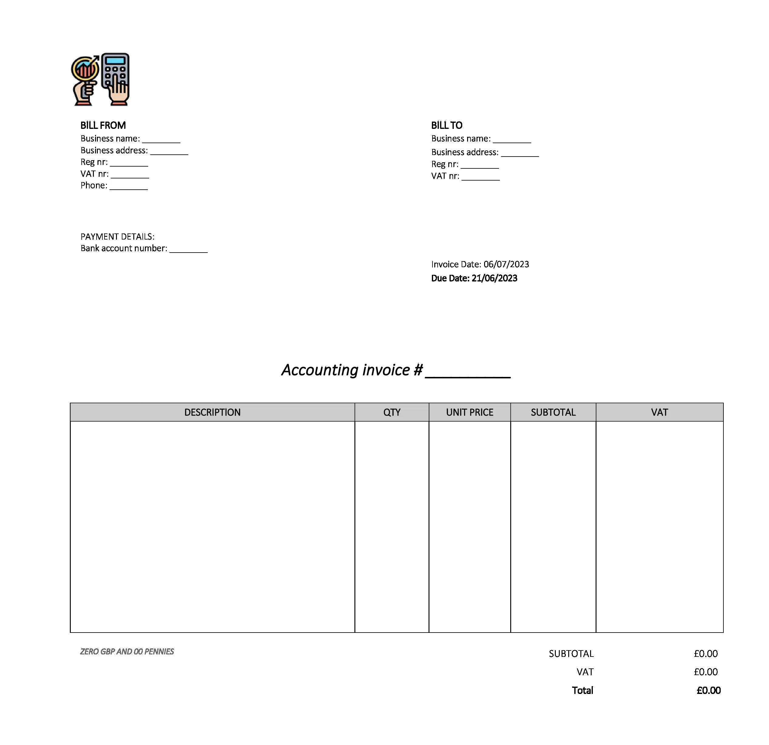 Fancy Accounting Invoice Template UK Excel / Google sheets