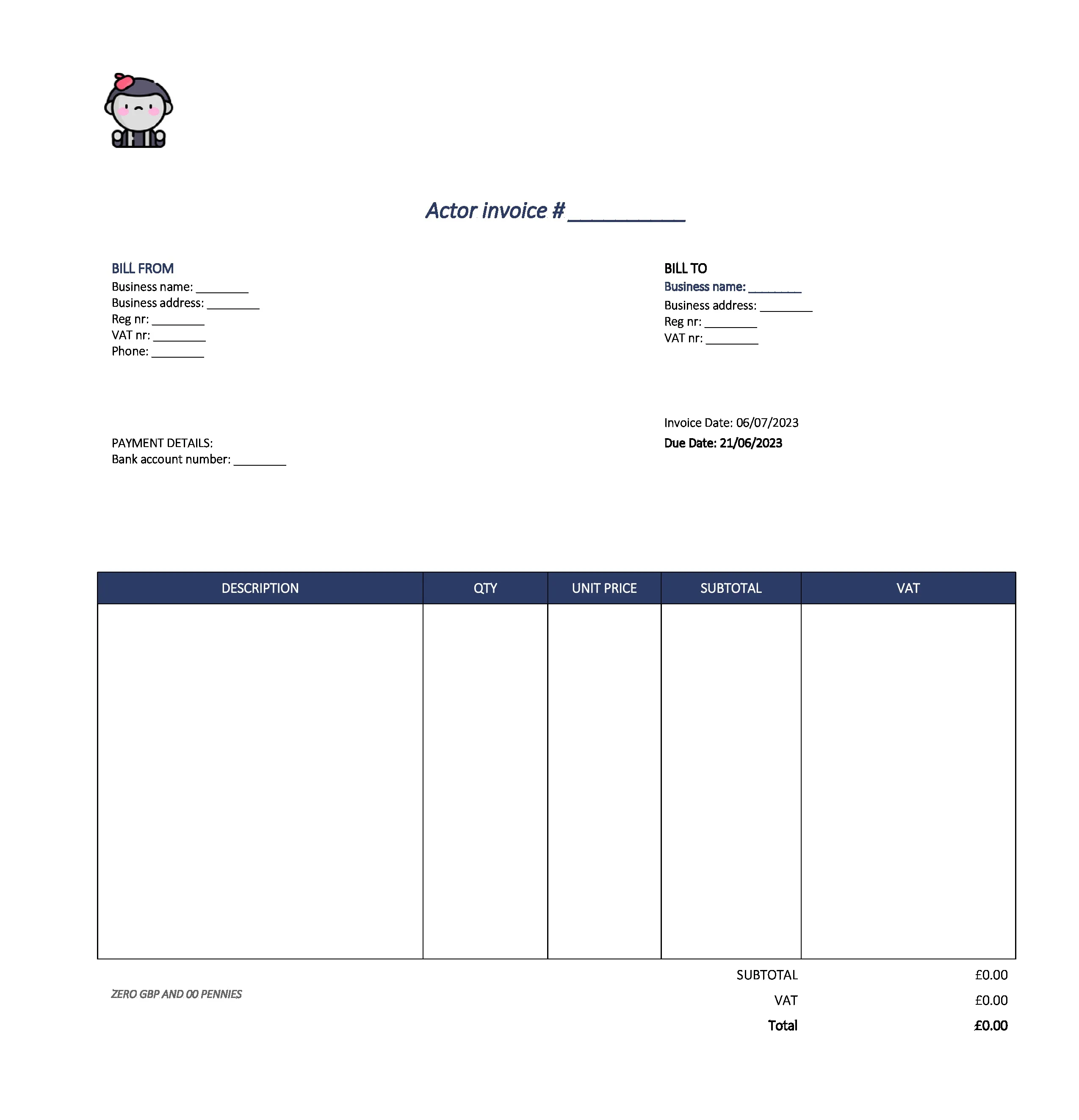 Detailed Actor Invoice Template UK Excel / Google sheets