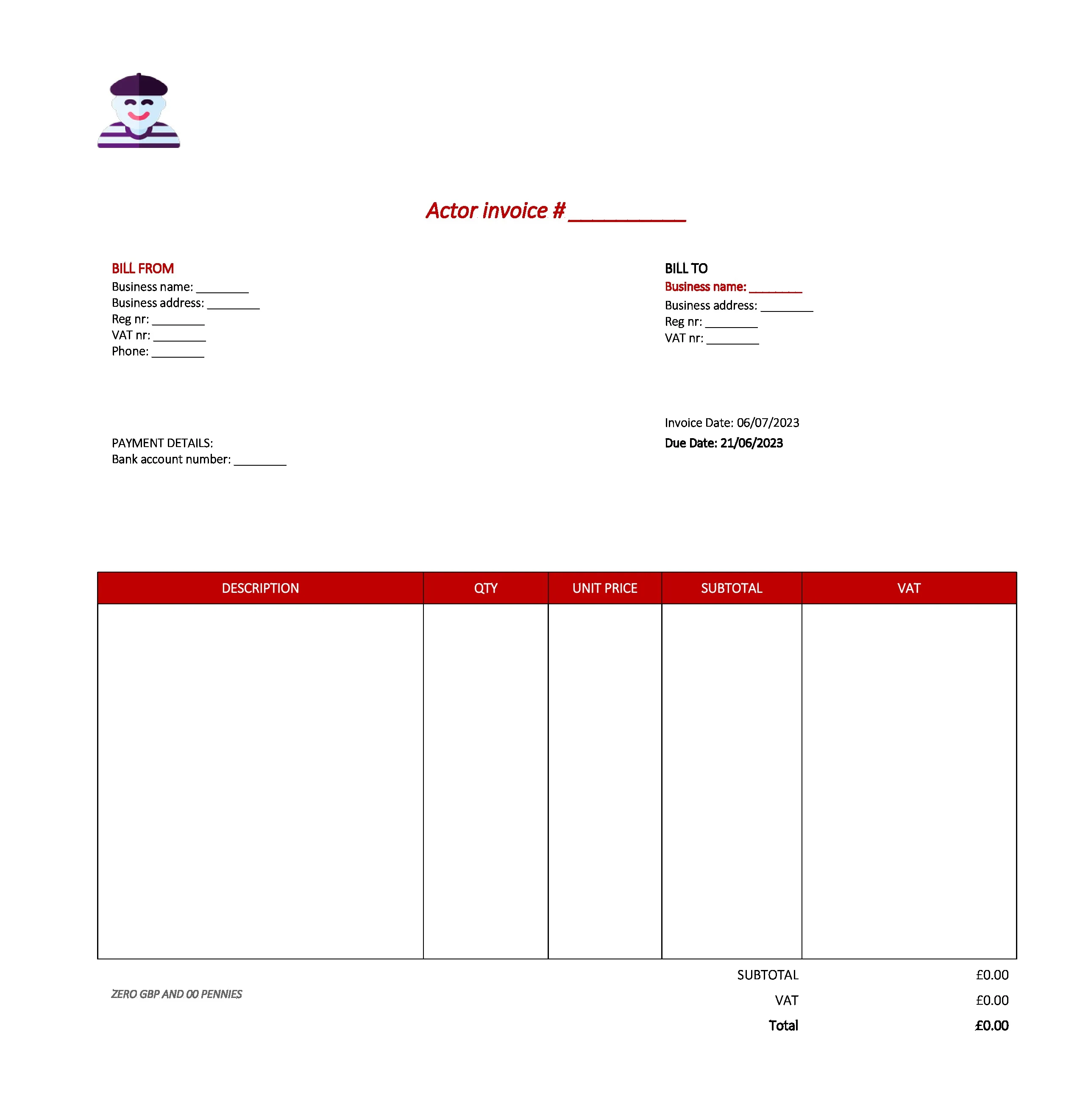 35 Free Actor Invoice Templates UK - Word, Excel, PDF, Google docs/sheets