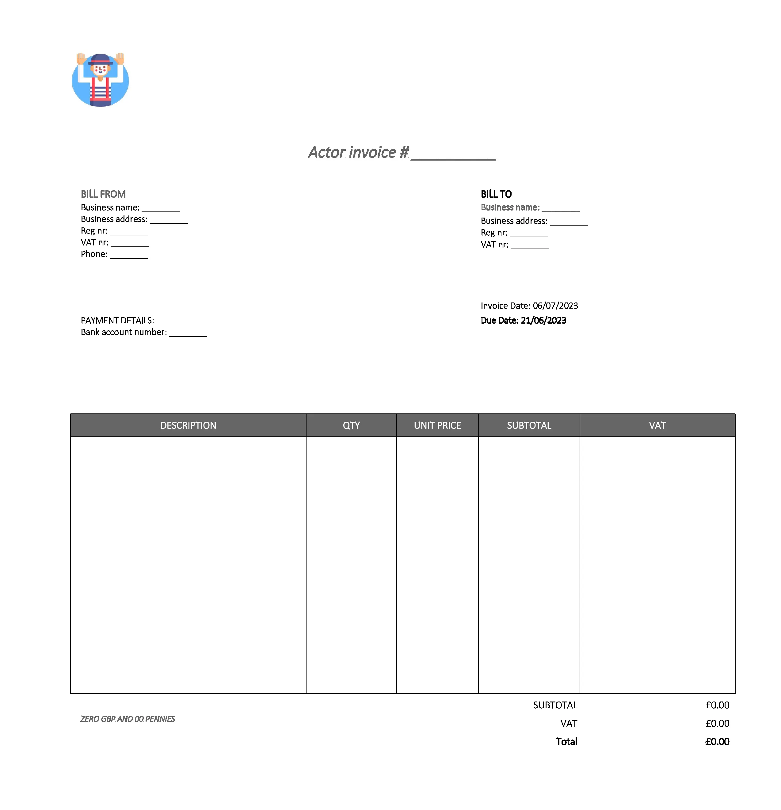 35 Free Actor Invoice Templates UK - Word, Excel, PDF, Google docs/sheets
