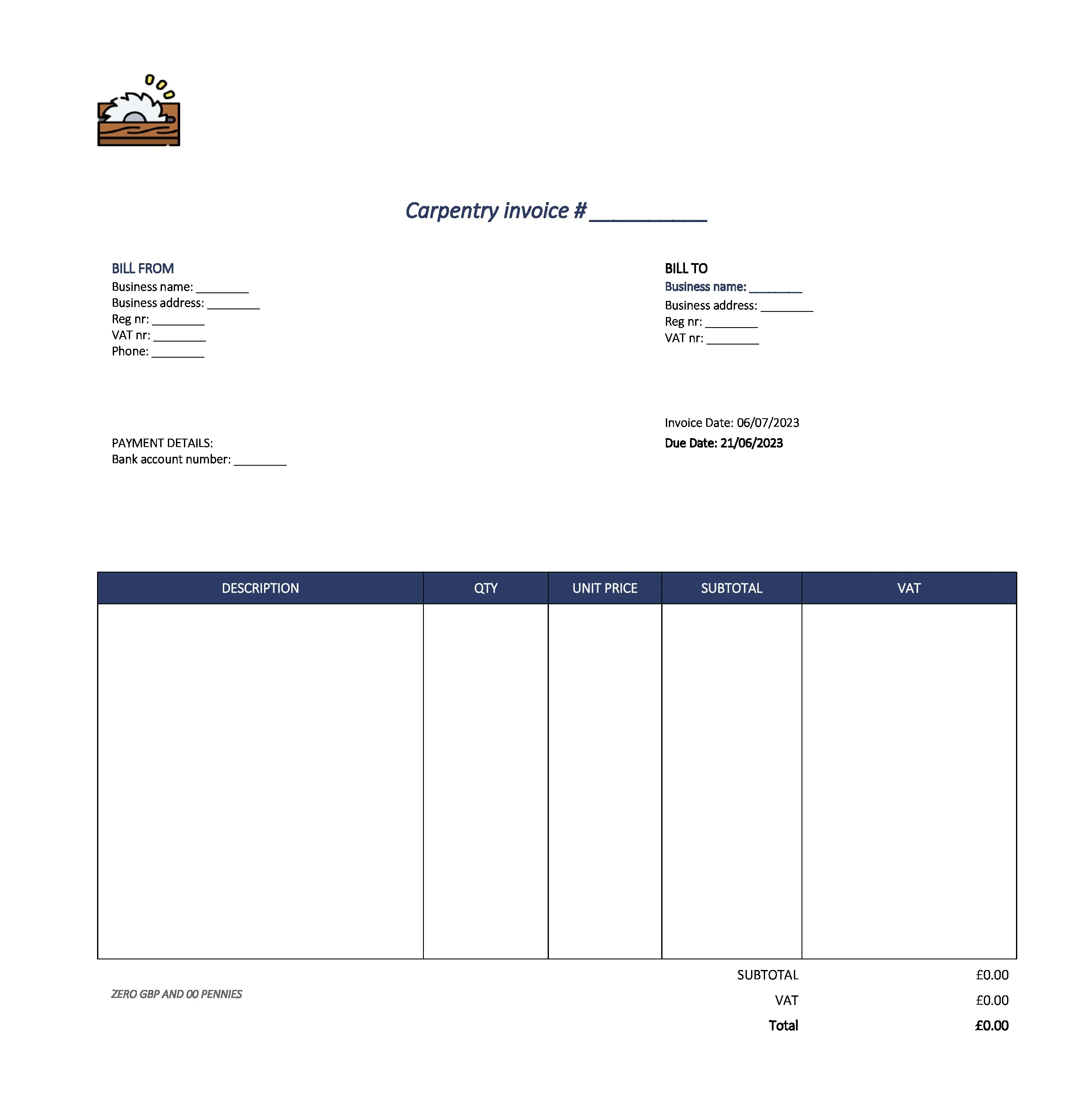 Detailed Carpentry Invoice Template UK Excel / Google sheets