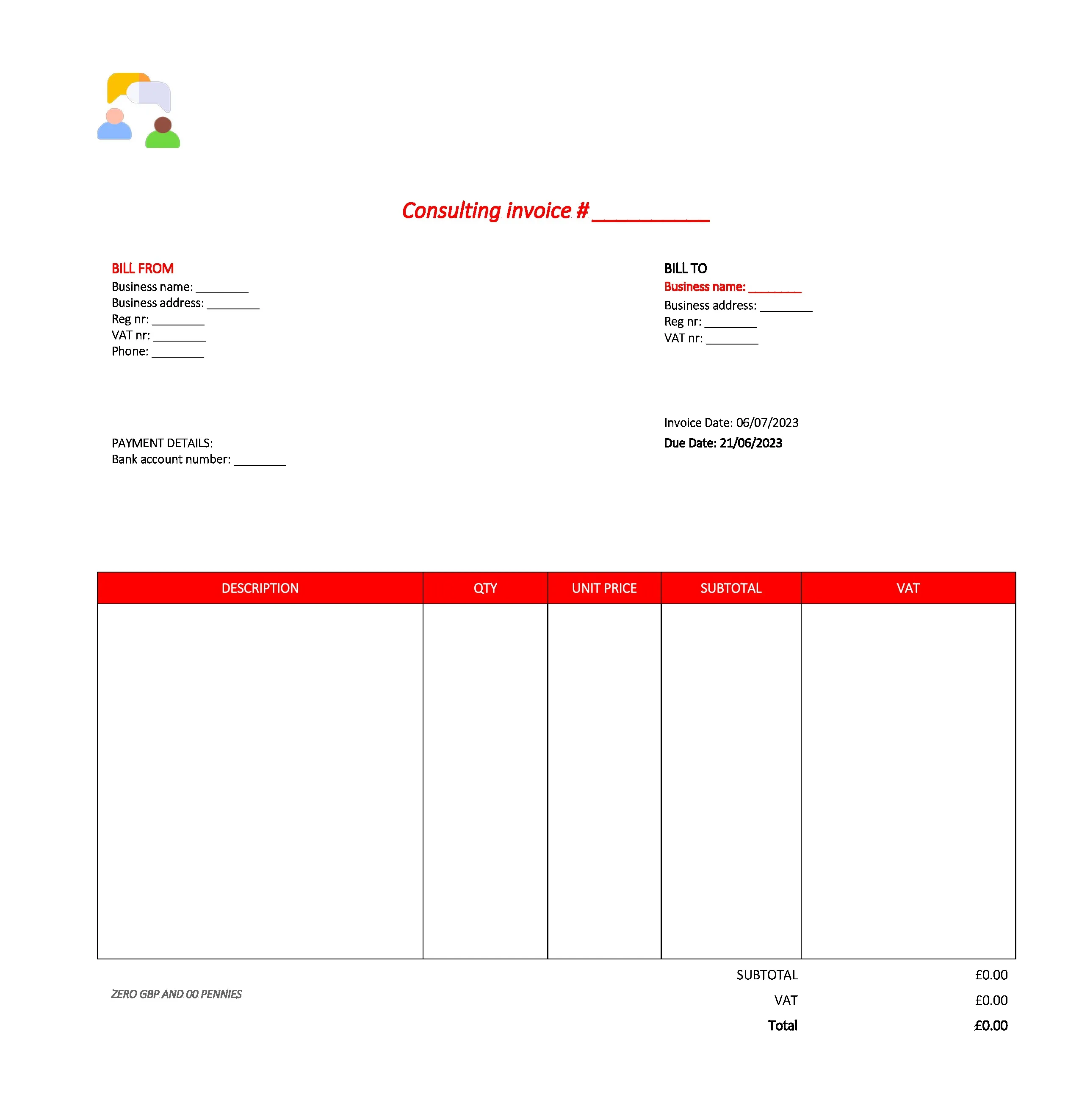 Basic Consulting Invoice Template UK Word / Google docs