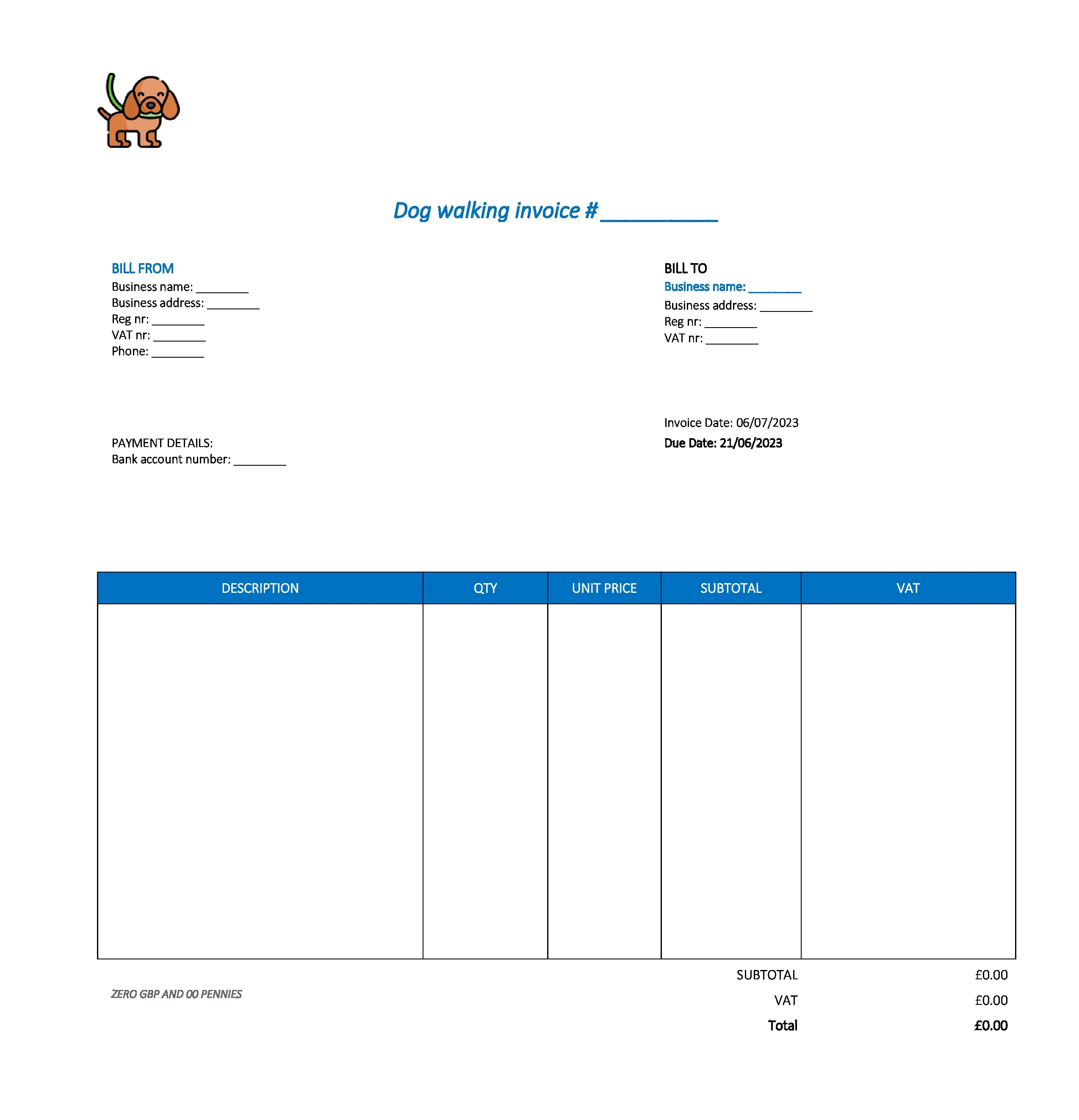 Typical Dog Walking Invoice Template UK Excel / Google sheets