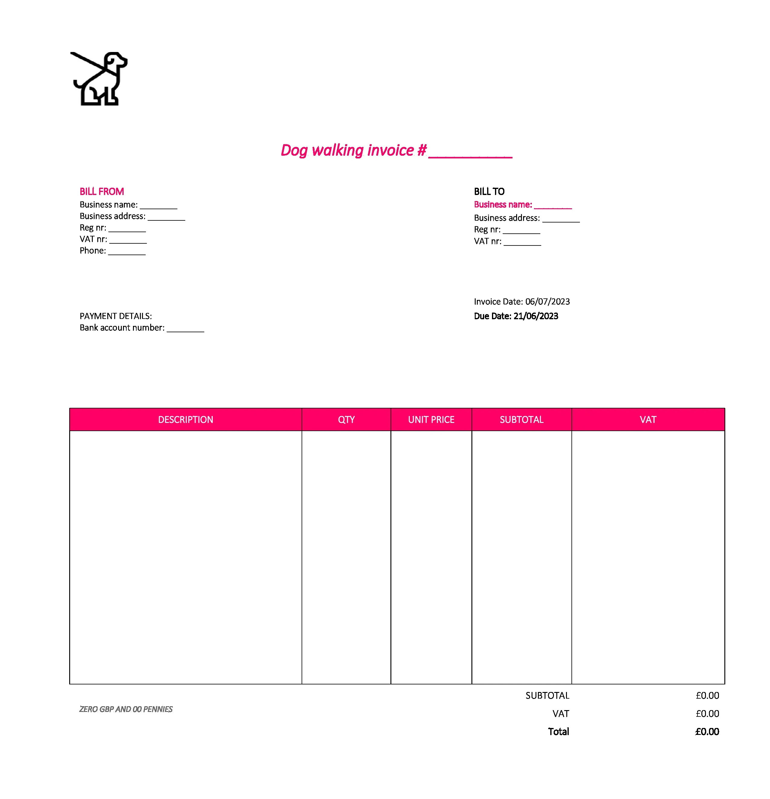 Nice Dog Walking Invoice Template UK Excel / Google sheets