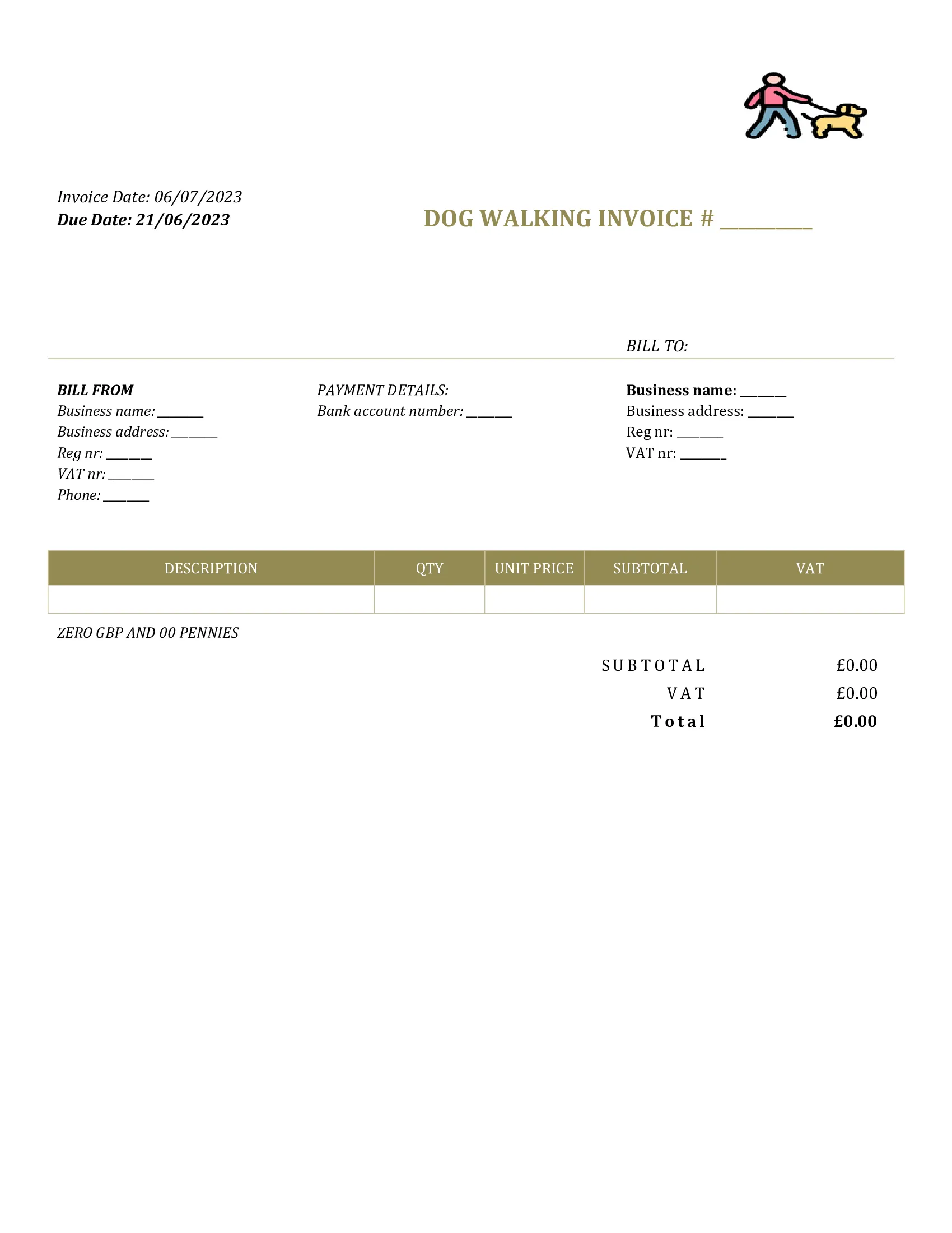 Downloadable Dog Walking Invoice Template UK Word / Google docs