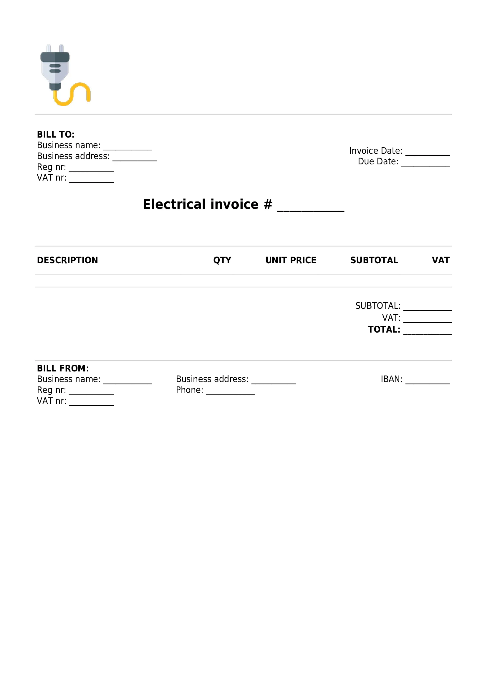 Detailed Electrical Invoice Template UK Excel / Google sheets