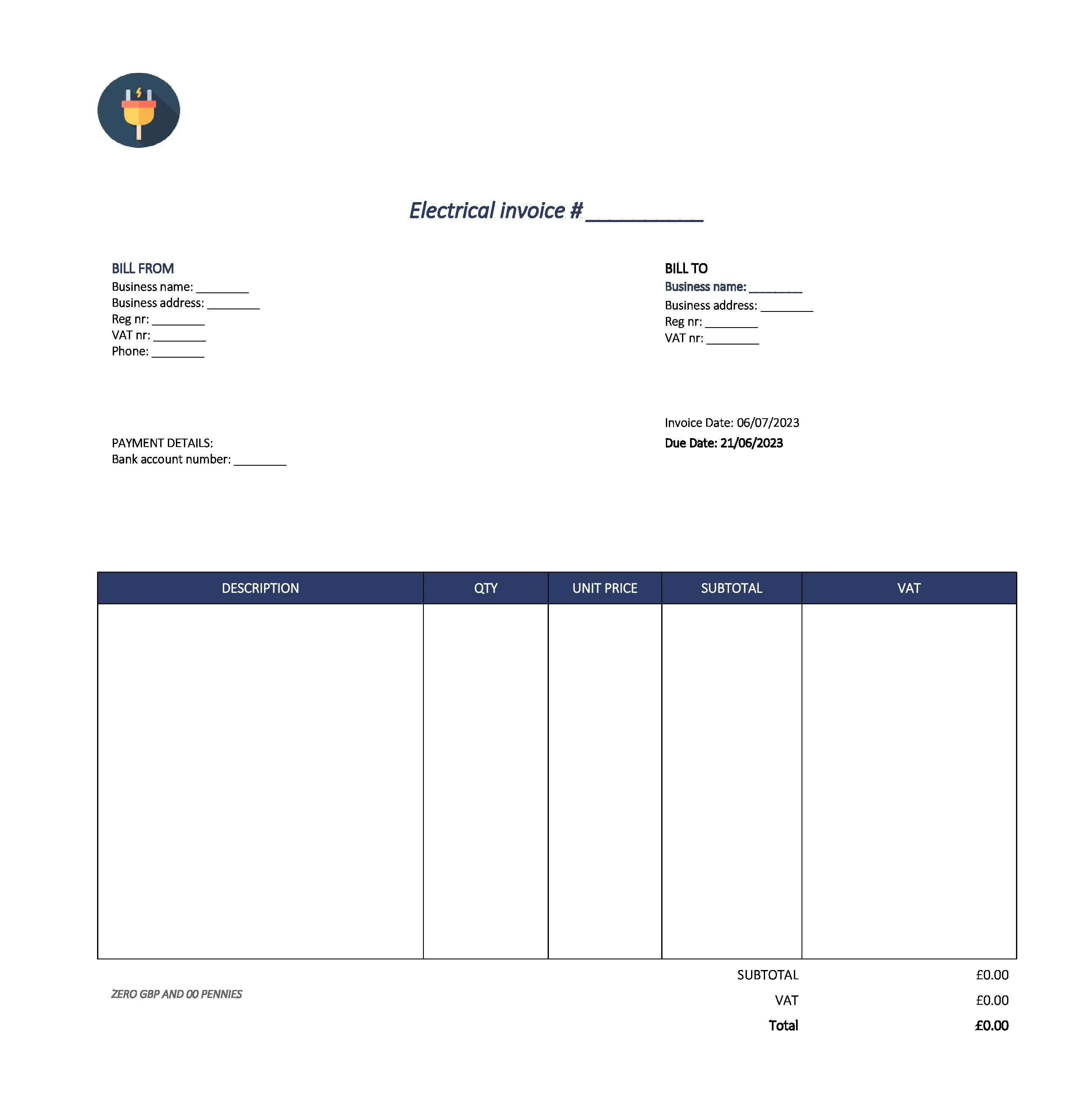 Detailed Electrical Invoice Template UK Excel / Google sheets
