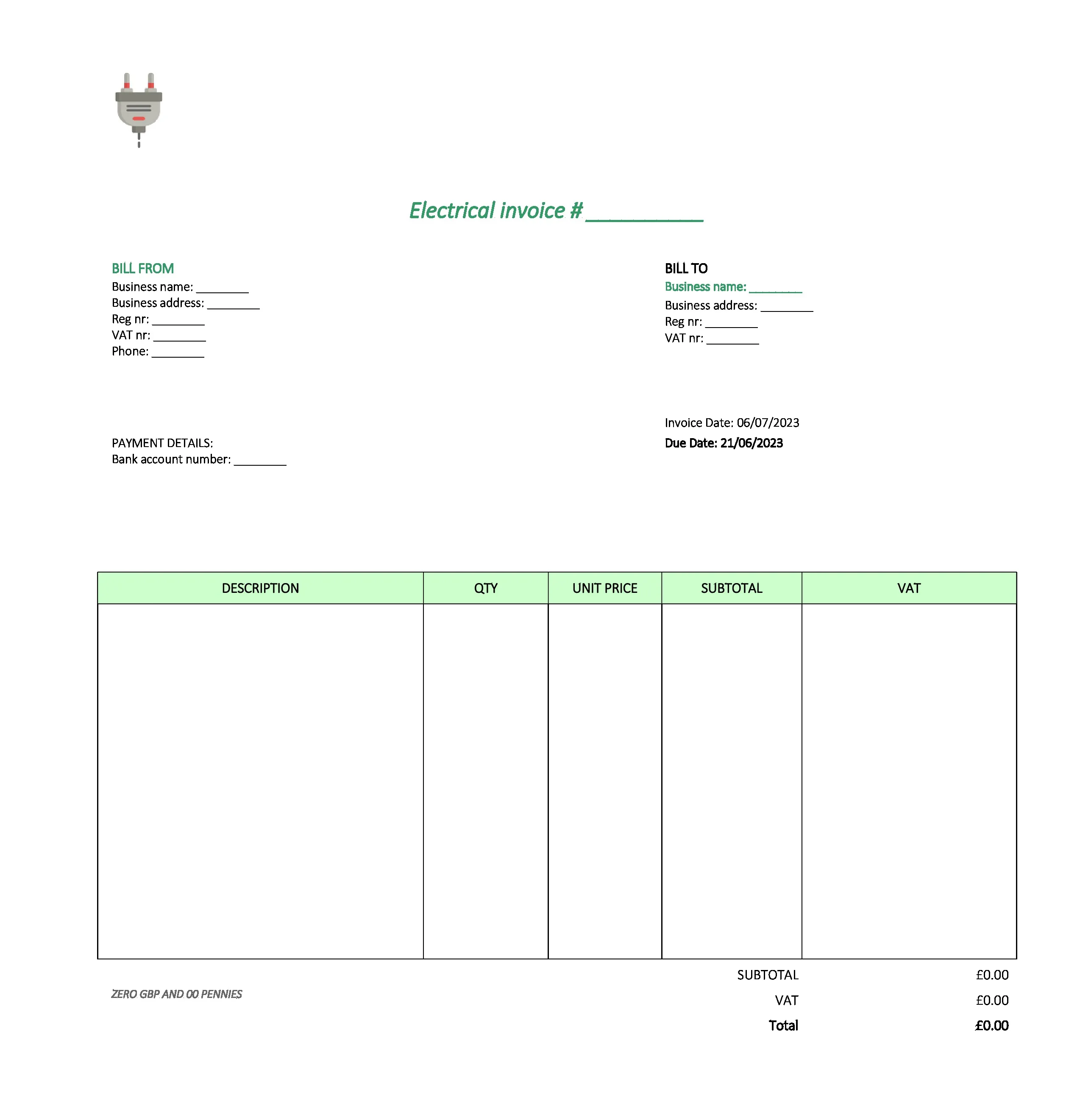 Detailed Electrical Invoice Template UK Excel / Google sheets
