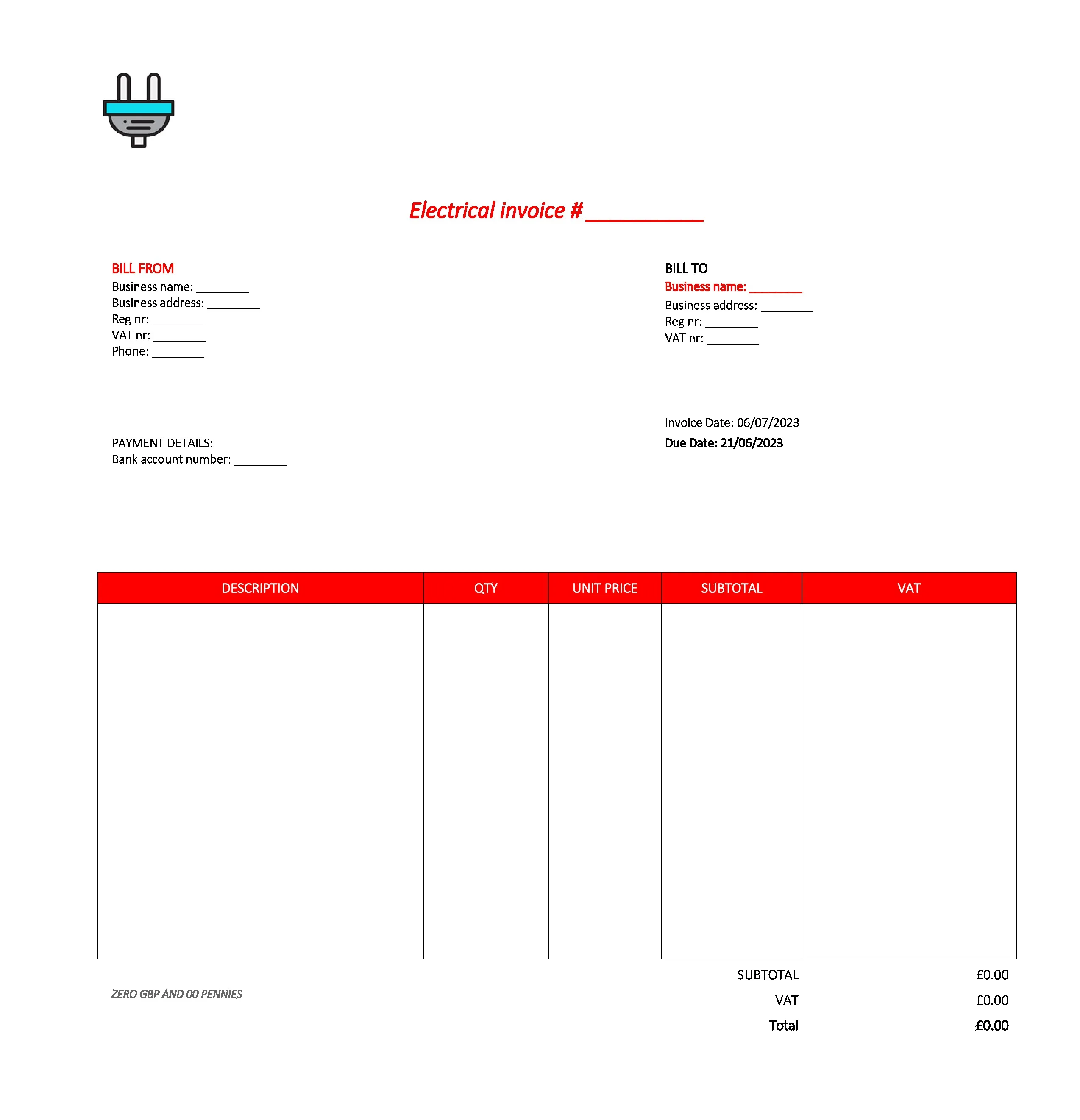 Downloadable Electrical Invoice Template UK Word / Google docs