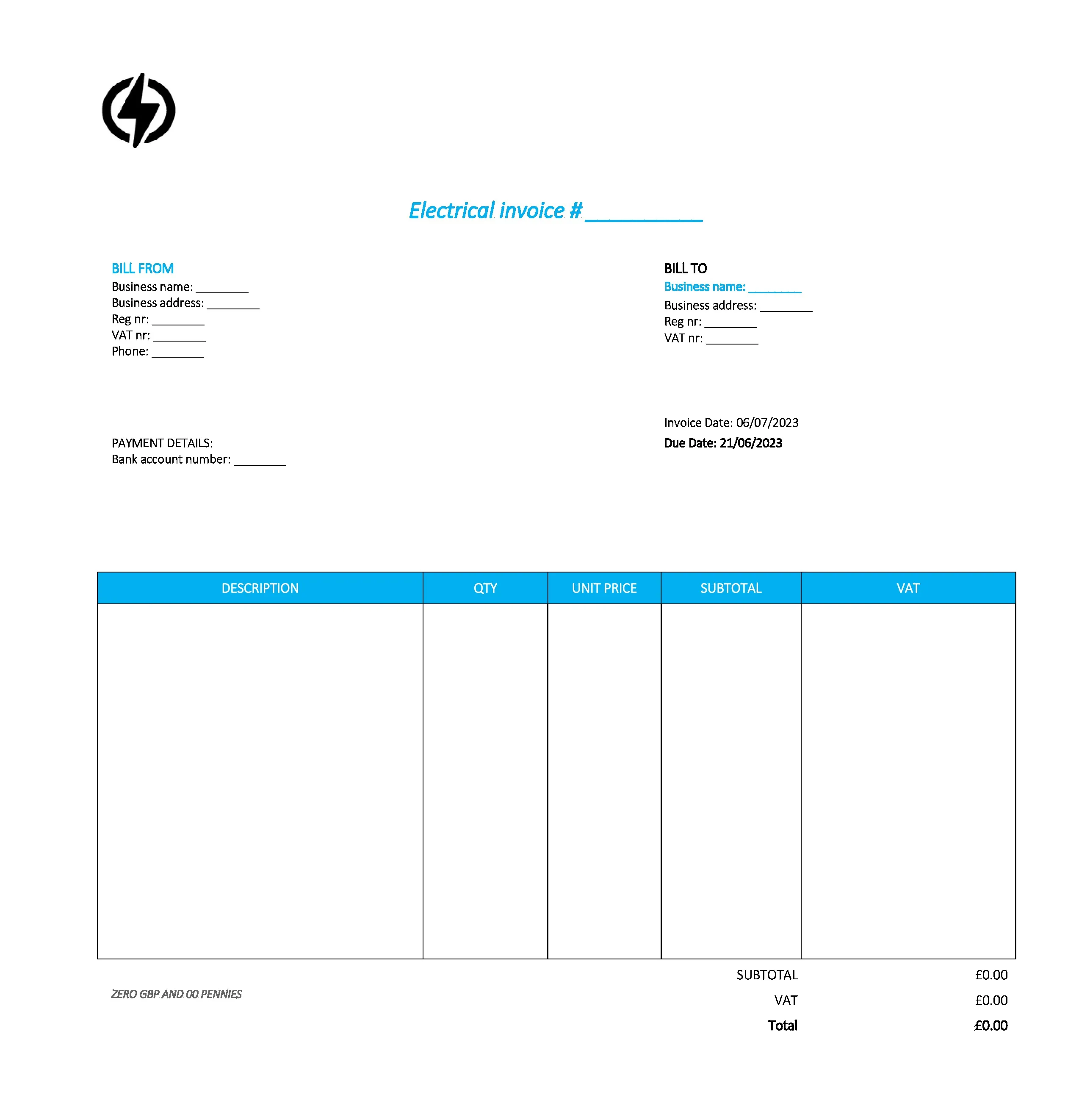Detailed Electrical Invoice Template UK Excel / Google sheets