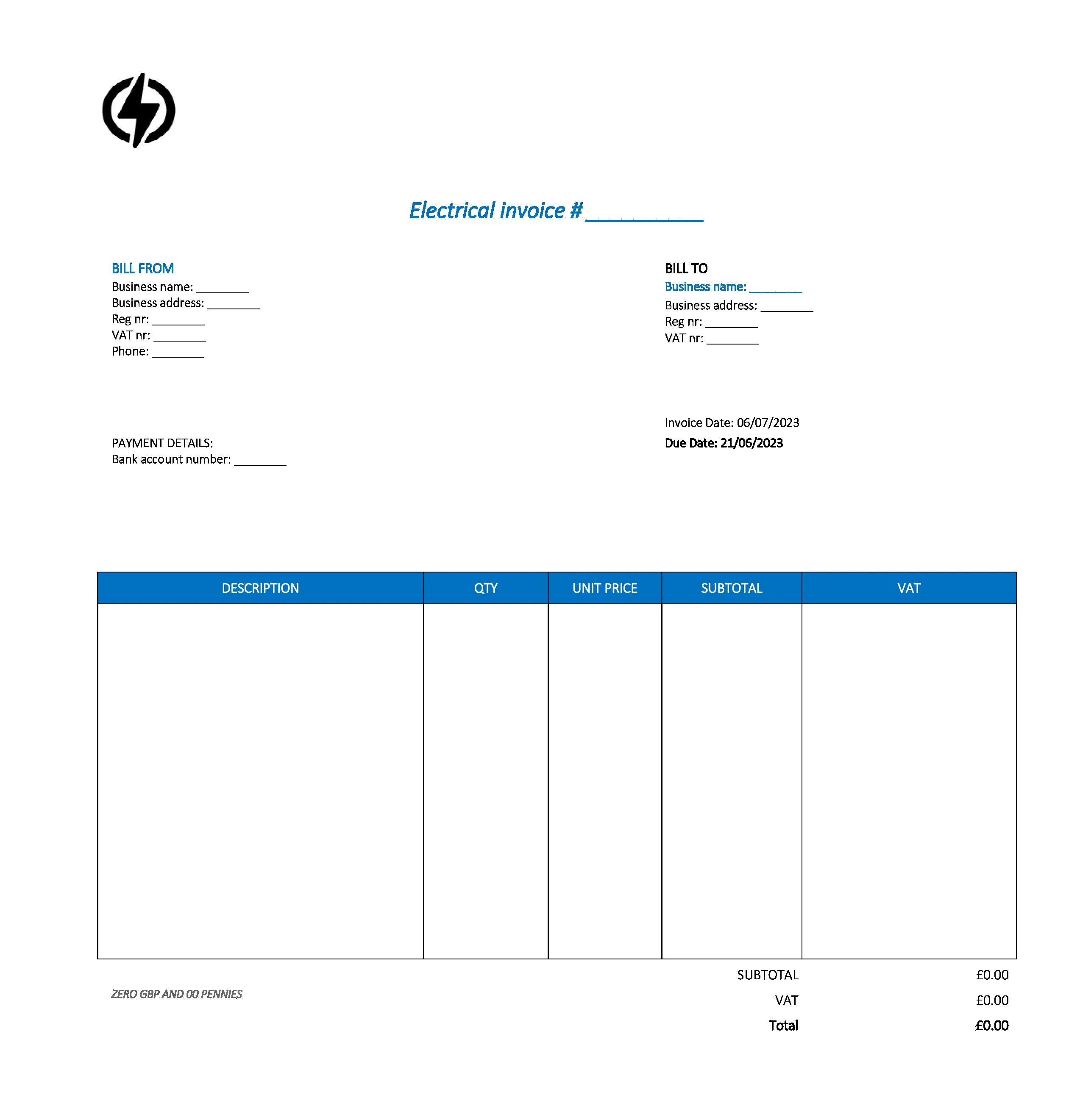 Downloadable Electrical Invoice Template UK Word / Google docs