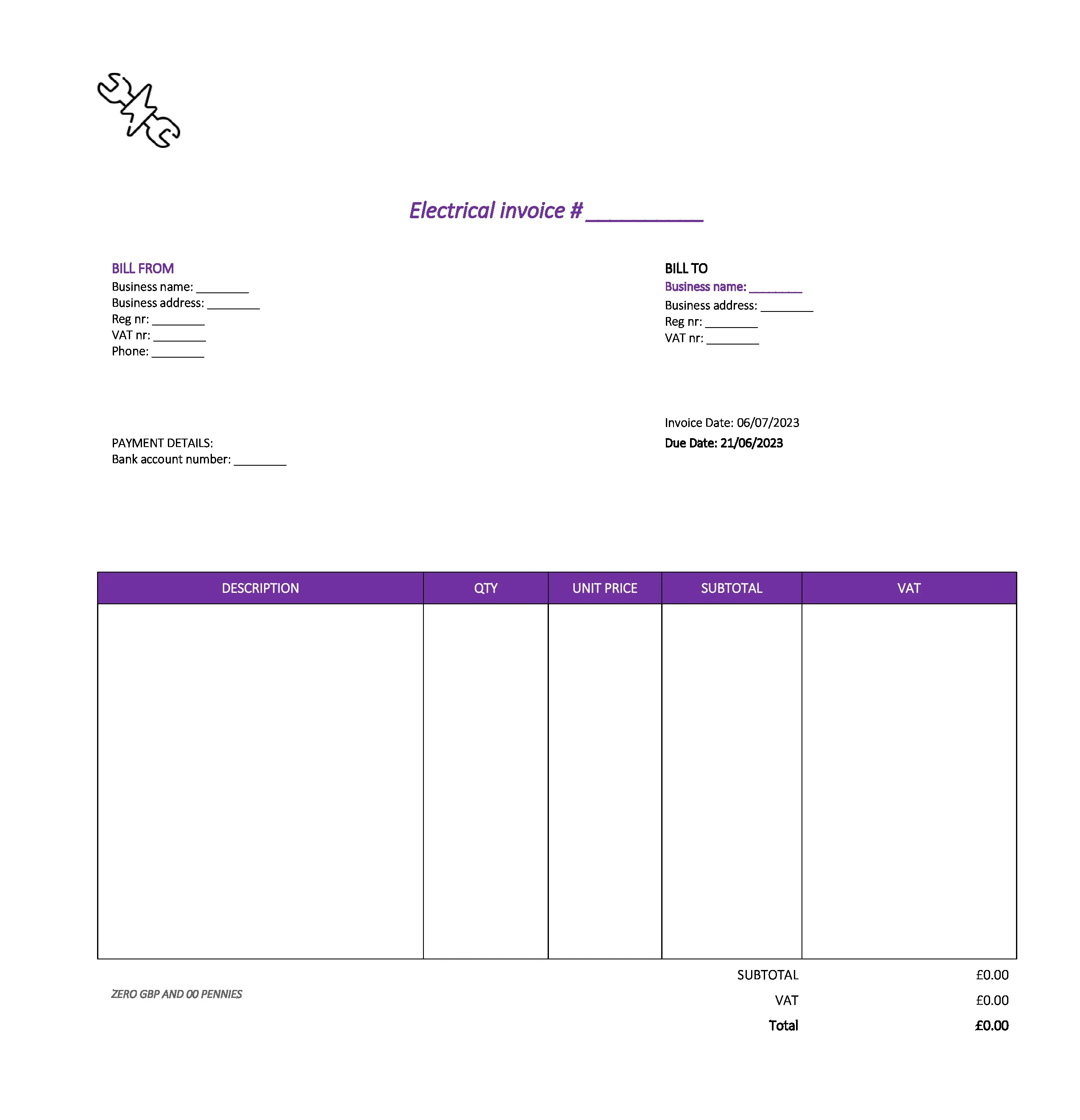 Detailed Electrical Invoice Template UK Excel / Google sheets
