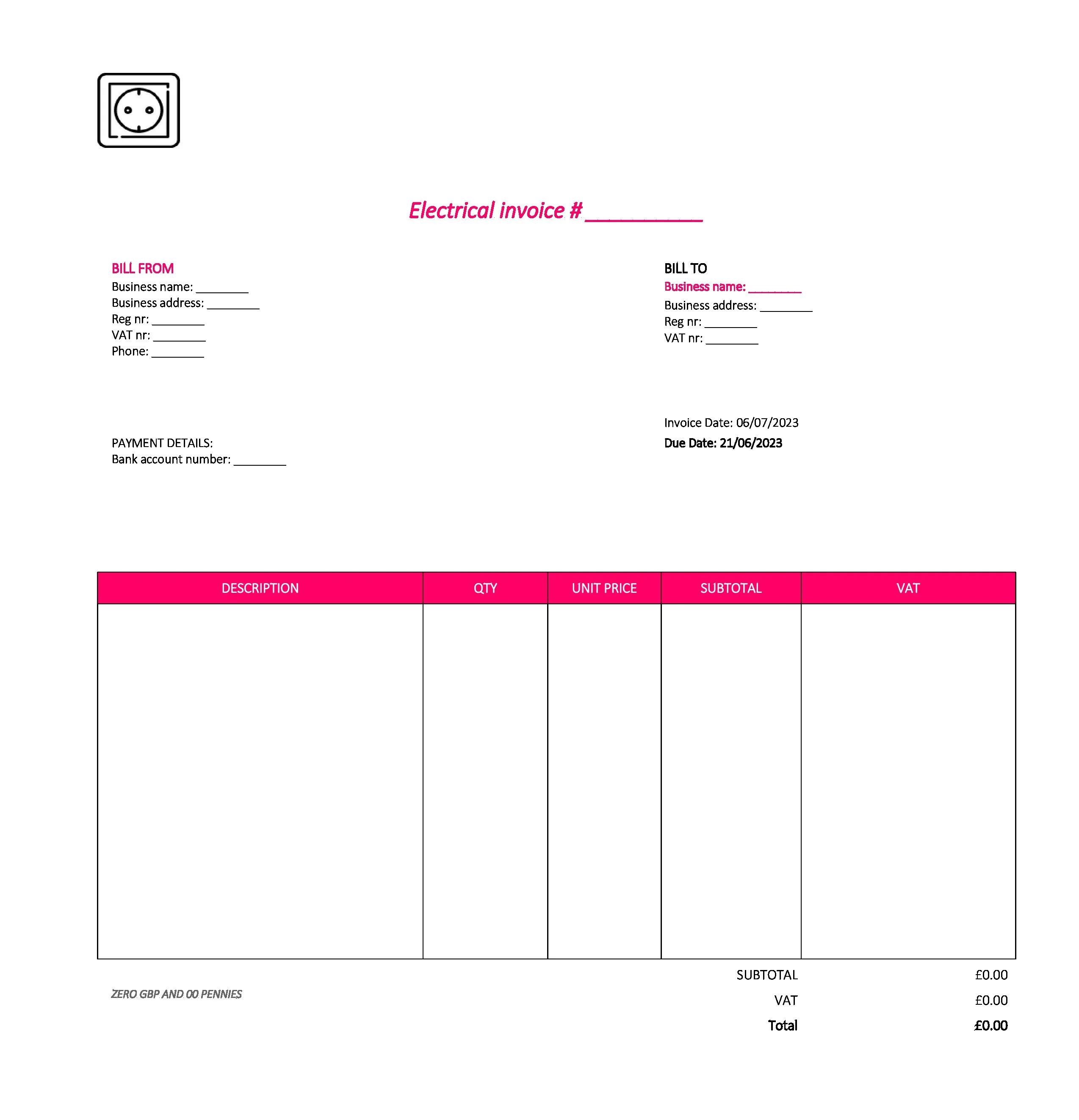 Detailed Electrical Invoice Template UK Excel / Google sheets