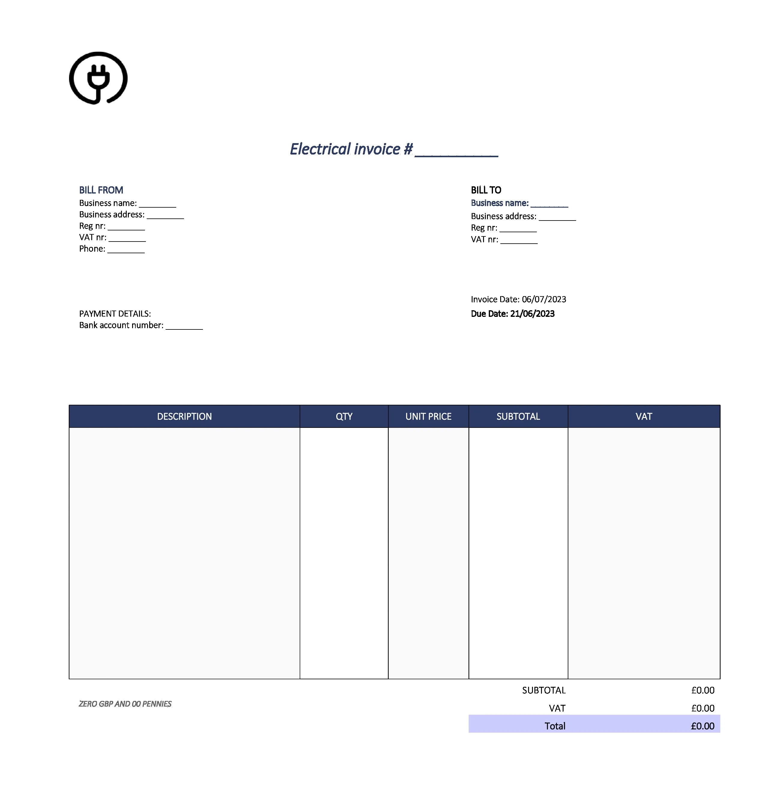 Detailed Electrical Invoice Template UK Excel / Google sheets