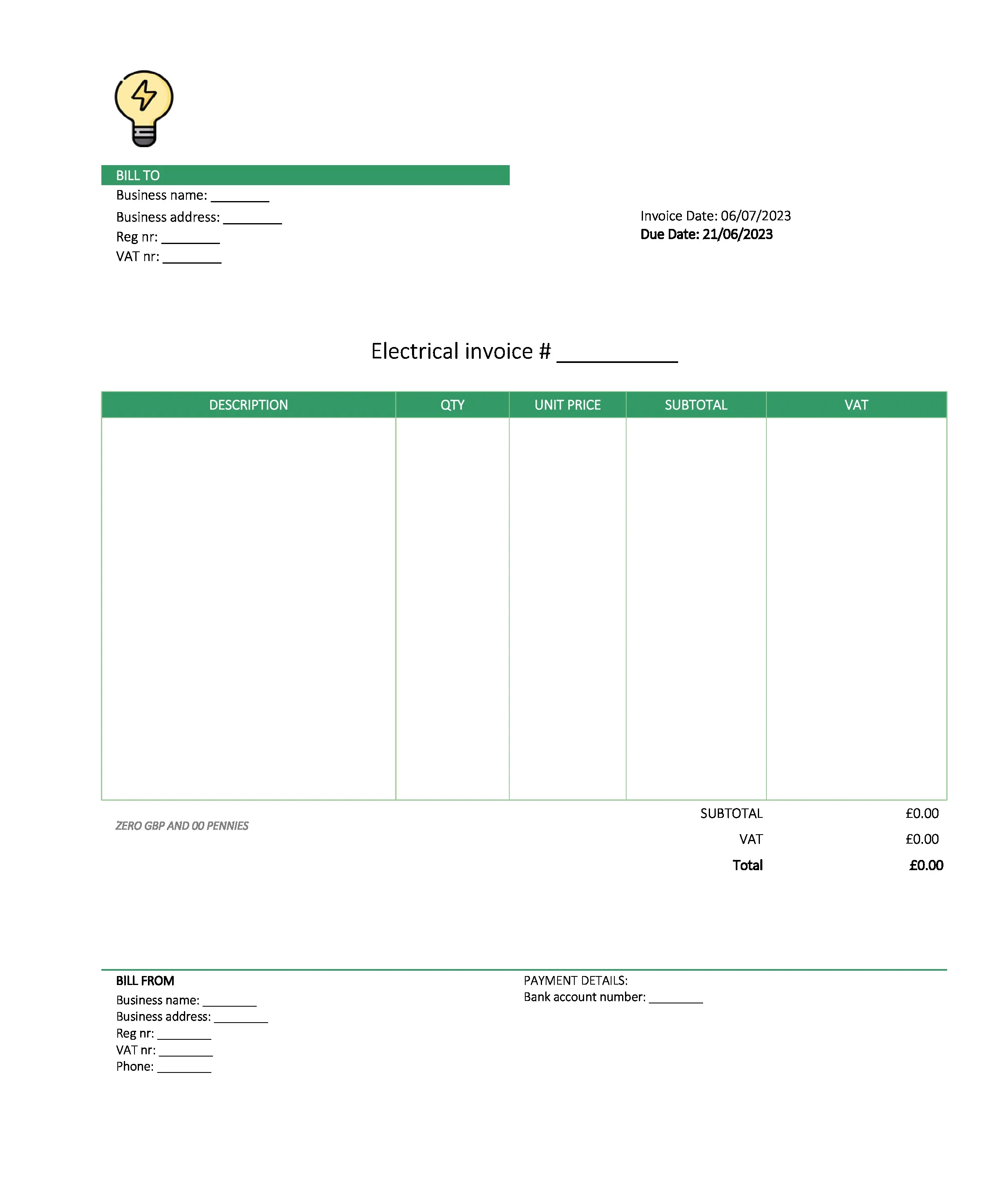 Detailed Electrical Invoice Template UK Excel / Google sheets