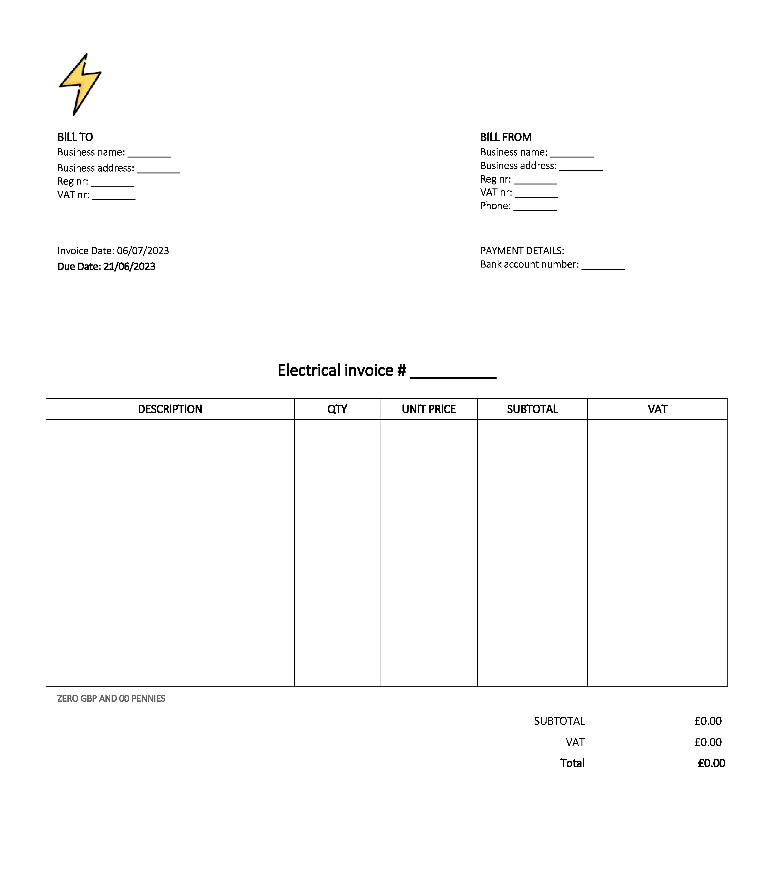 Detailed Electrical Invoice Template UK Excel / Google sheets