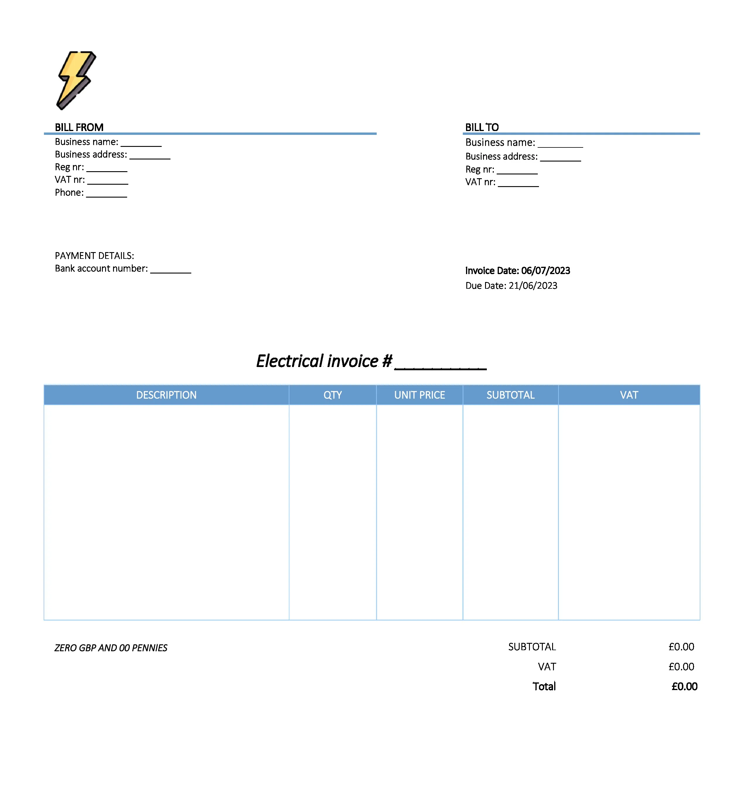 Detailed Electrical Invoice Template UK Excel / Google sheets