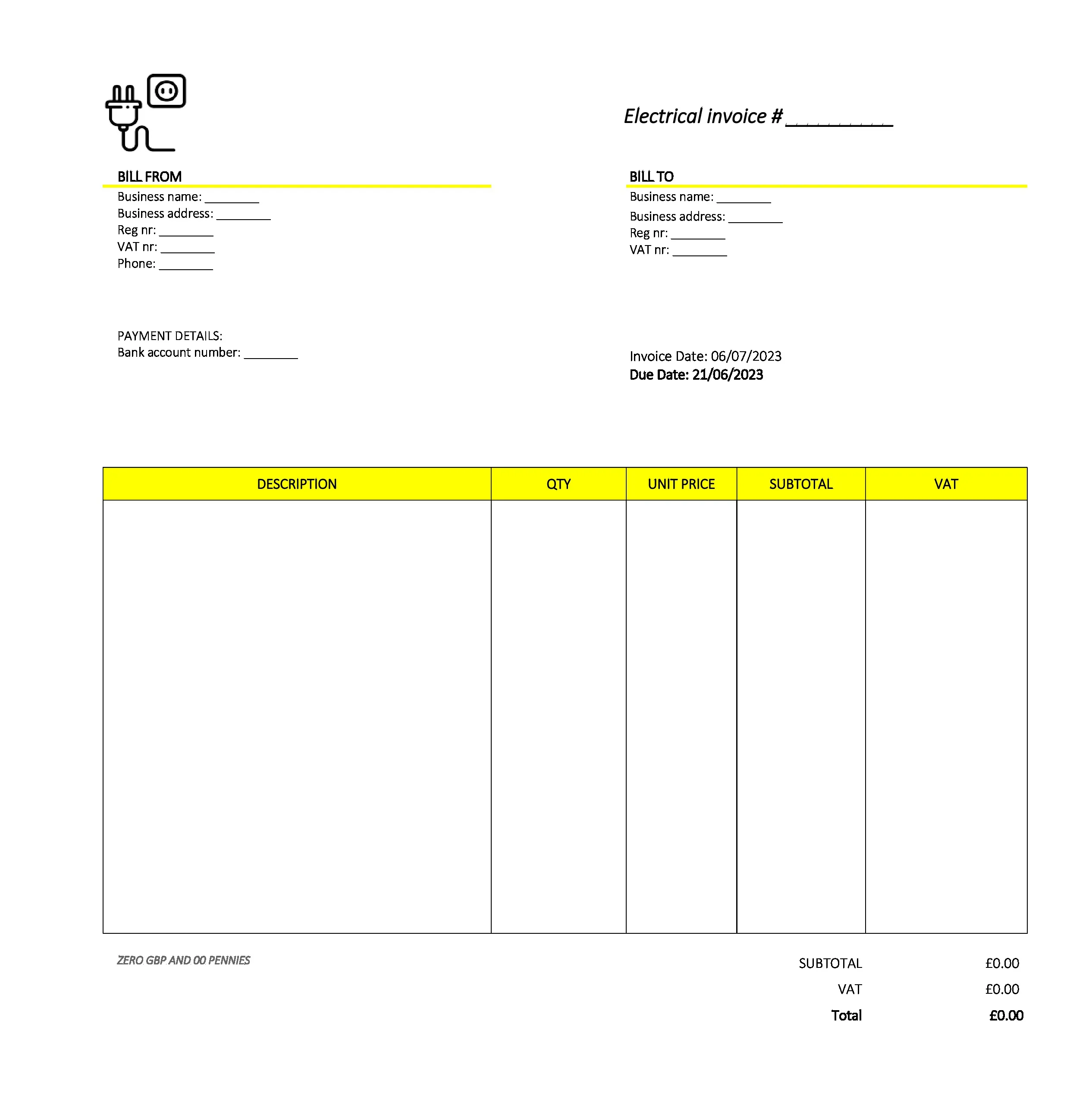 Detailed Electrical Invoice Template UK Excel / Google sheets