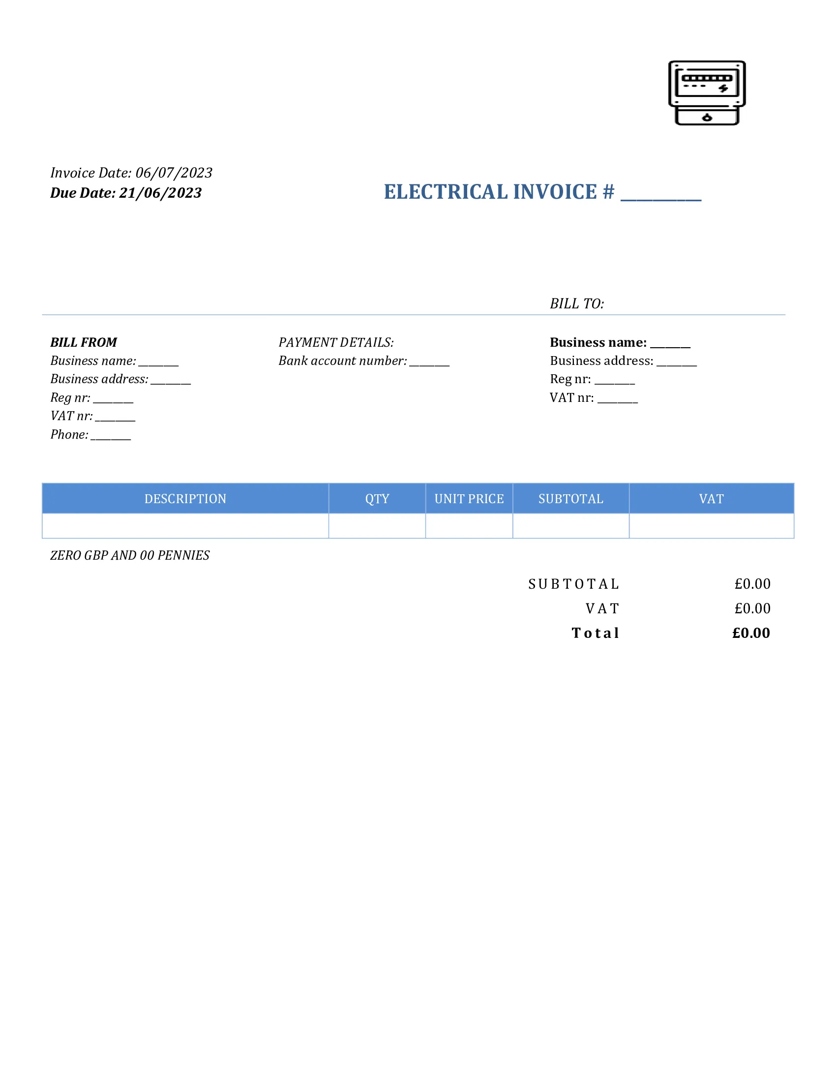Downloadable Electrical Invoice Template UK Word / Google docs