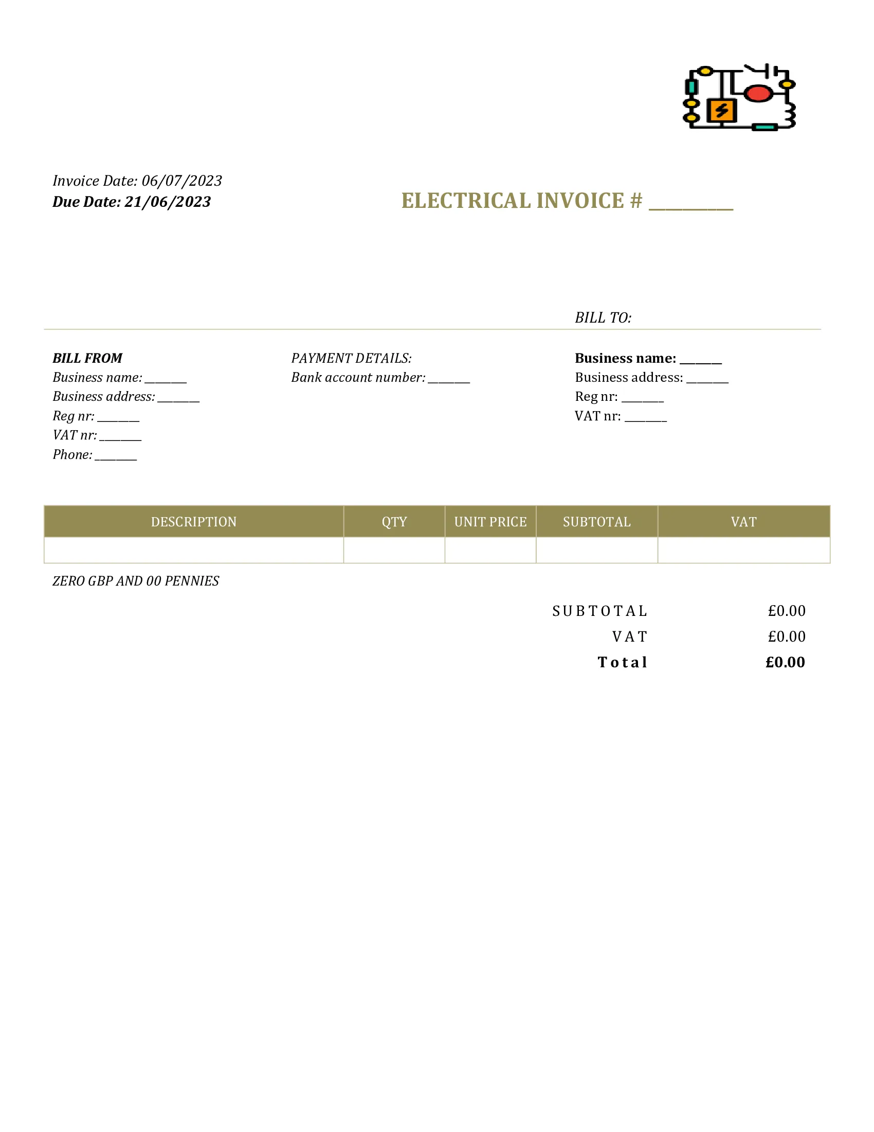 Detailed Electrical Invoice Template UK Excel / Google sheets