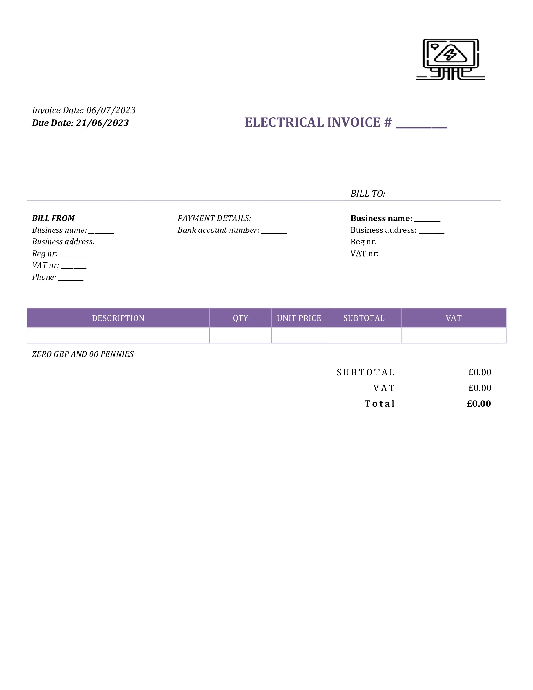 Detailed Electrical Invoice Template UK Excel / Google sheets