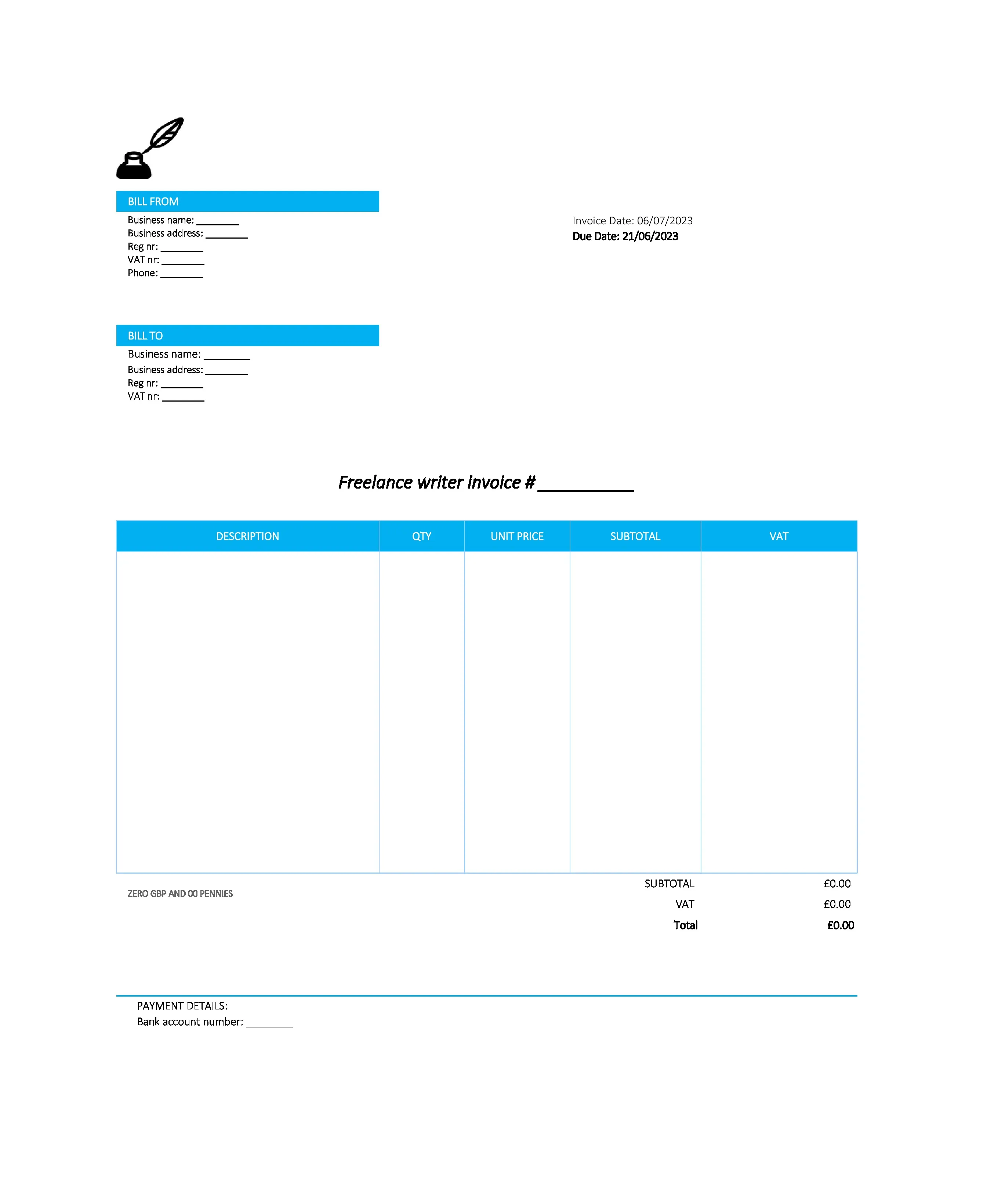 Detailed Freelance Writer Invoice Template UK Excel / Google sheets