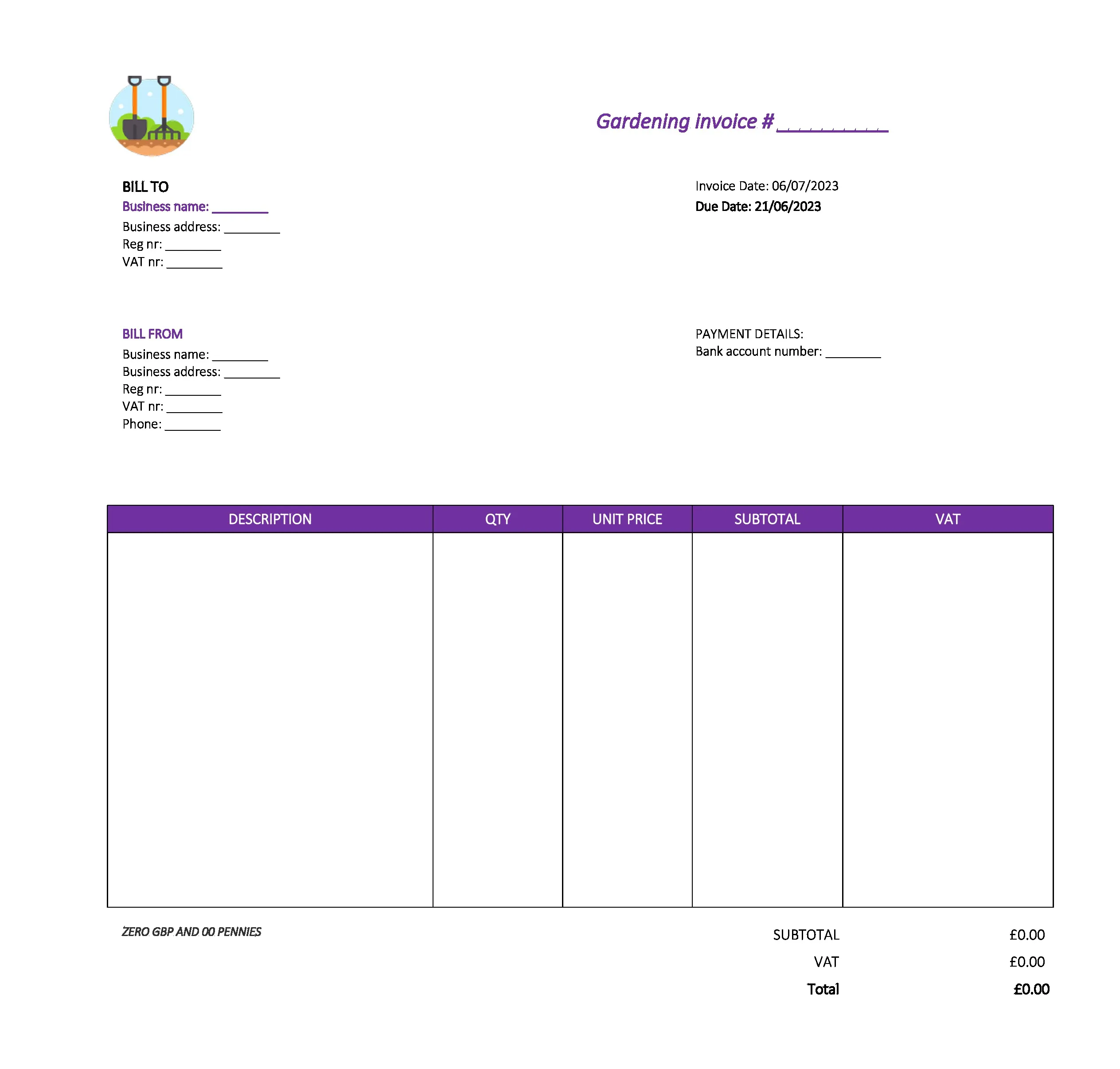 Cool Gardening Invoice Template UK Excel / Google sheets