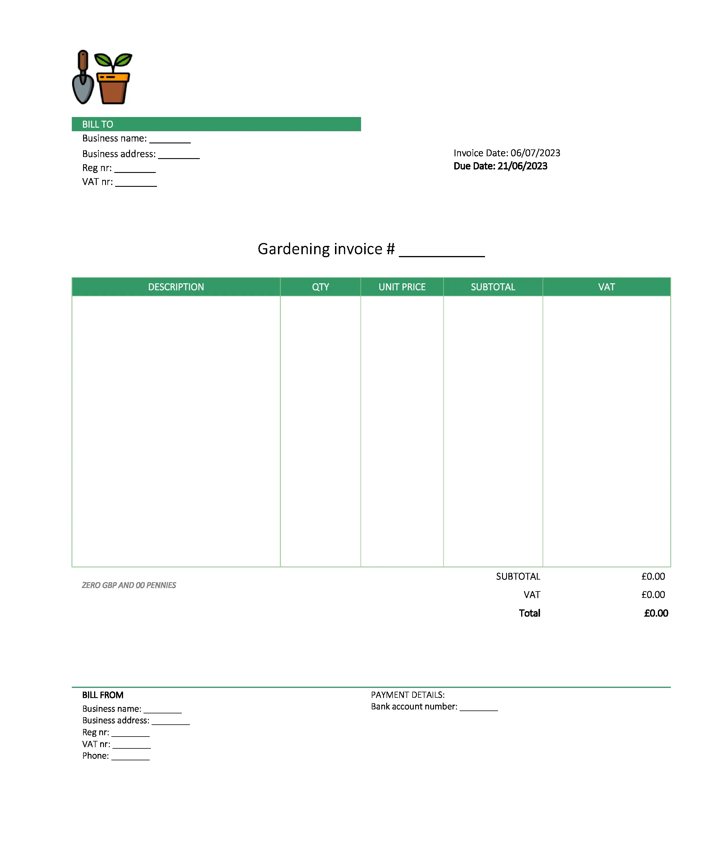 Digital Gardening Invoice Template UK Excel / Google sheets