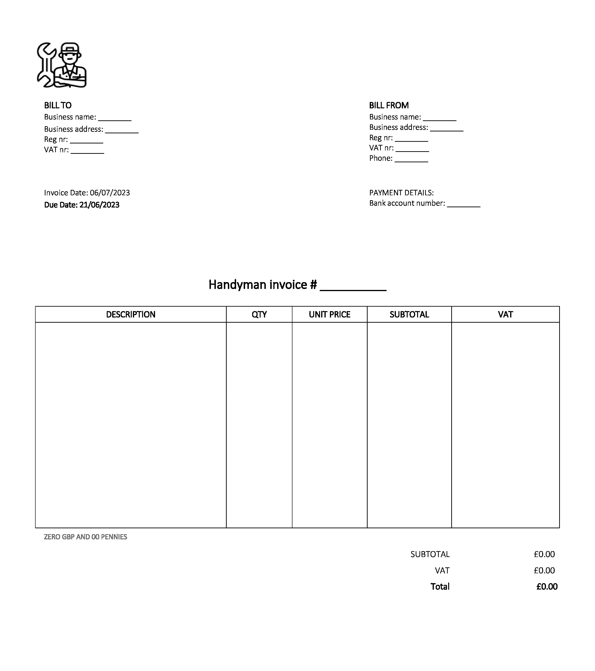 Detailed Handyman Invoice Template UK Excel / Google sheets