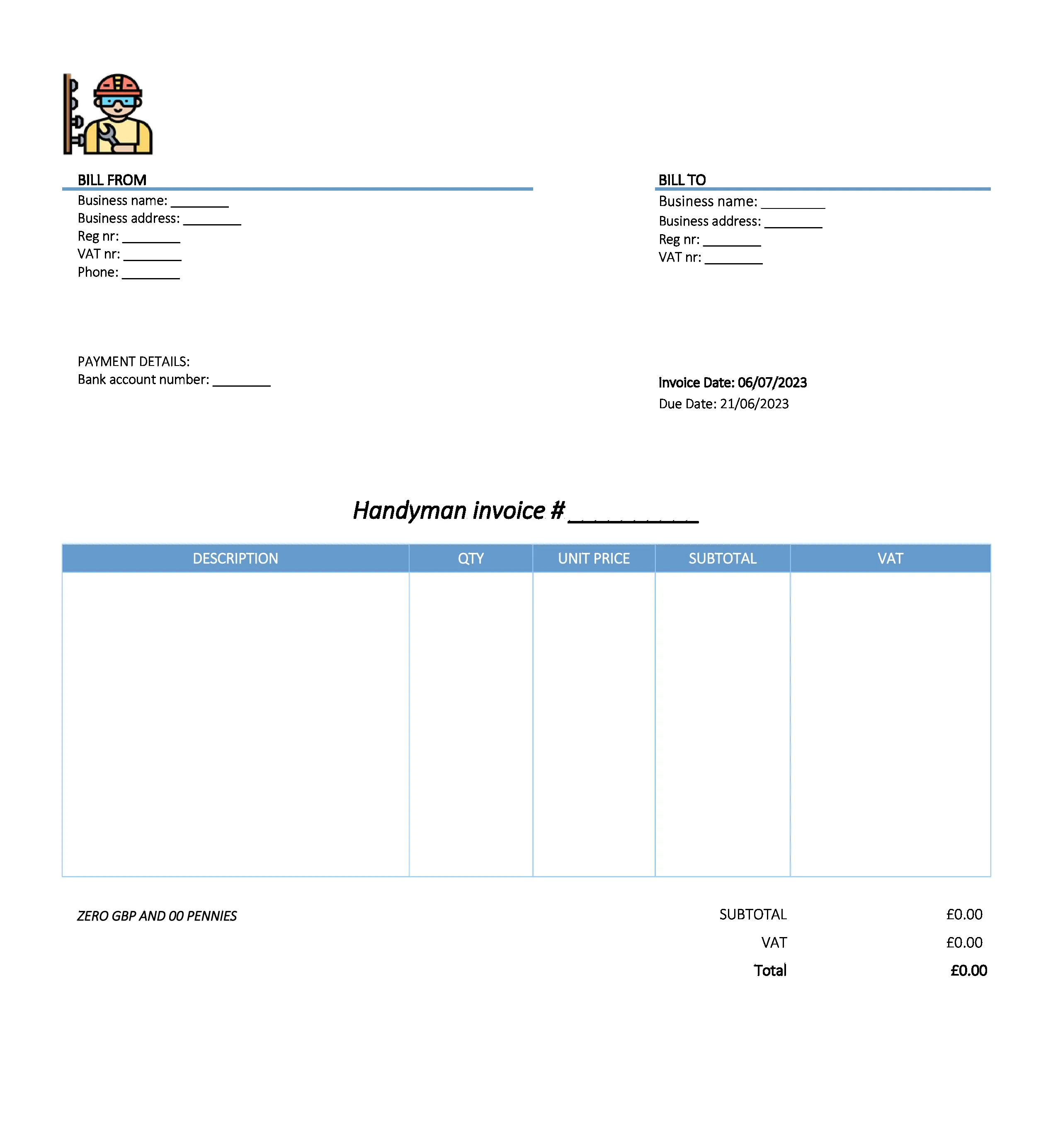 Detailed Handyman Invoice Template UK Excel / Google sheets