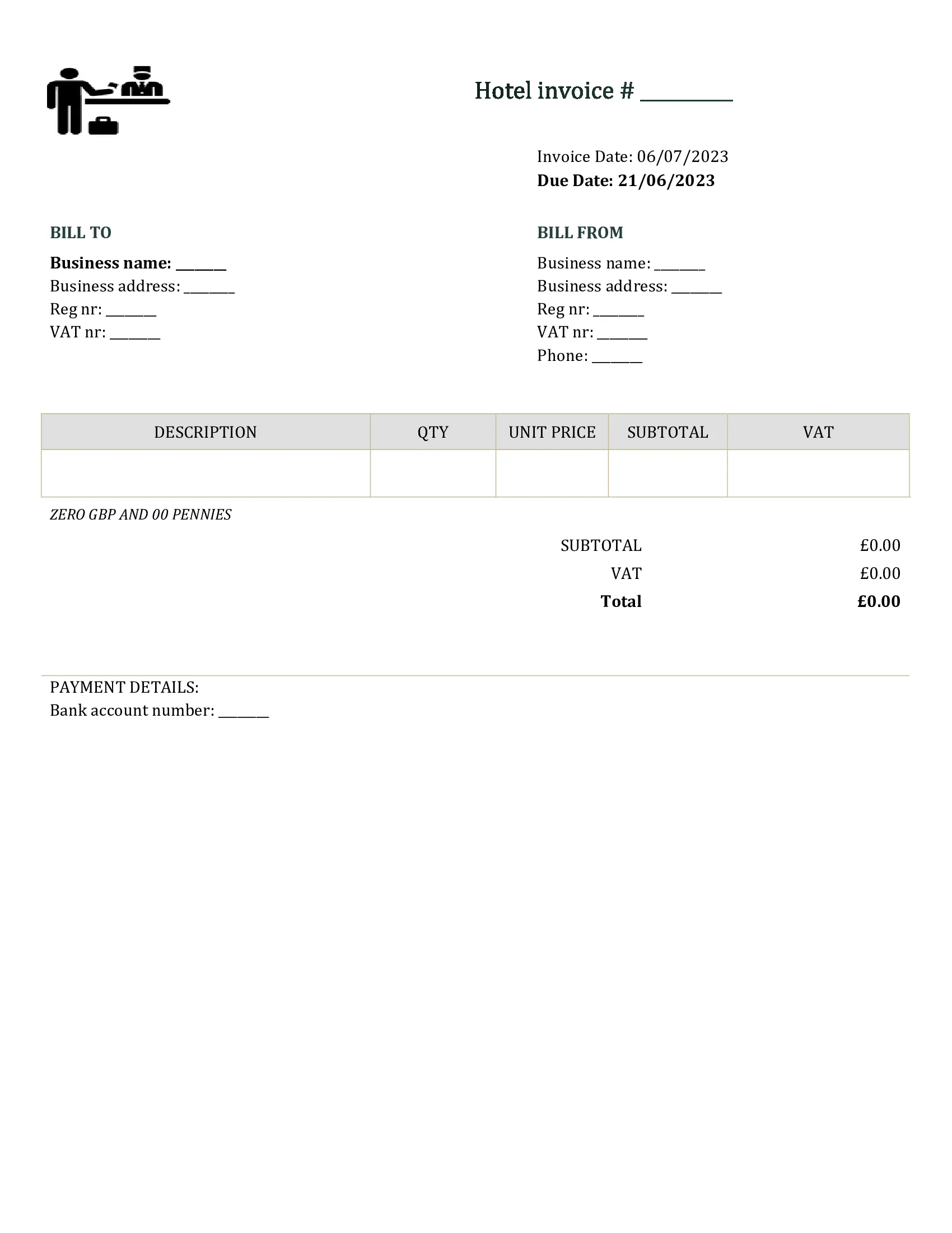 Downloadable Hotel Invoice Template UK Word / Google docs