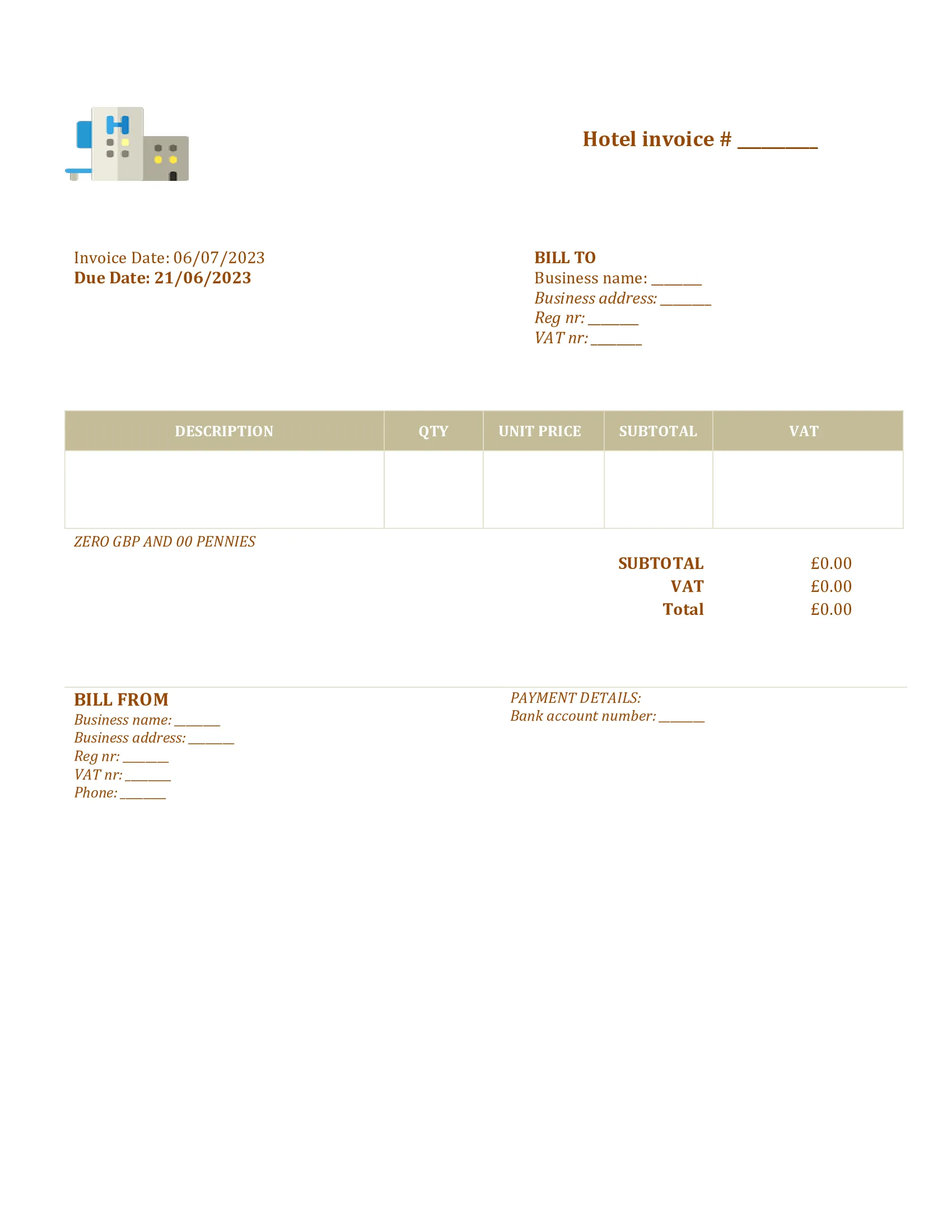Downloadable Hotel Invoice Template UK Word / Google docs