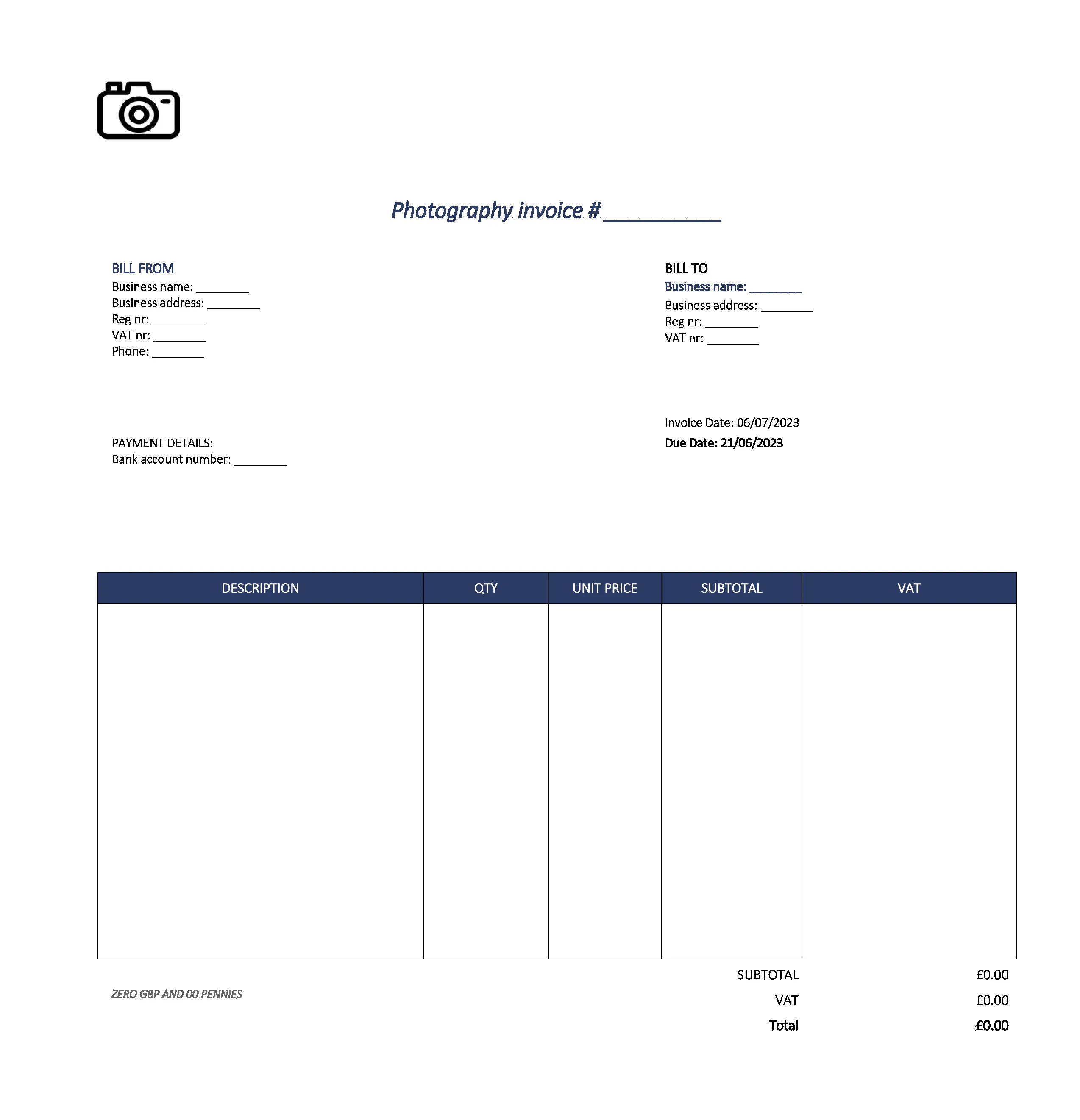 Detailed Photography Invoice Template UK Excel / Google sheets