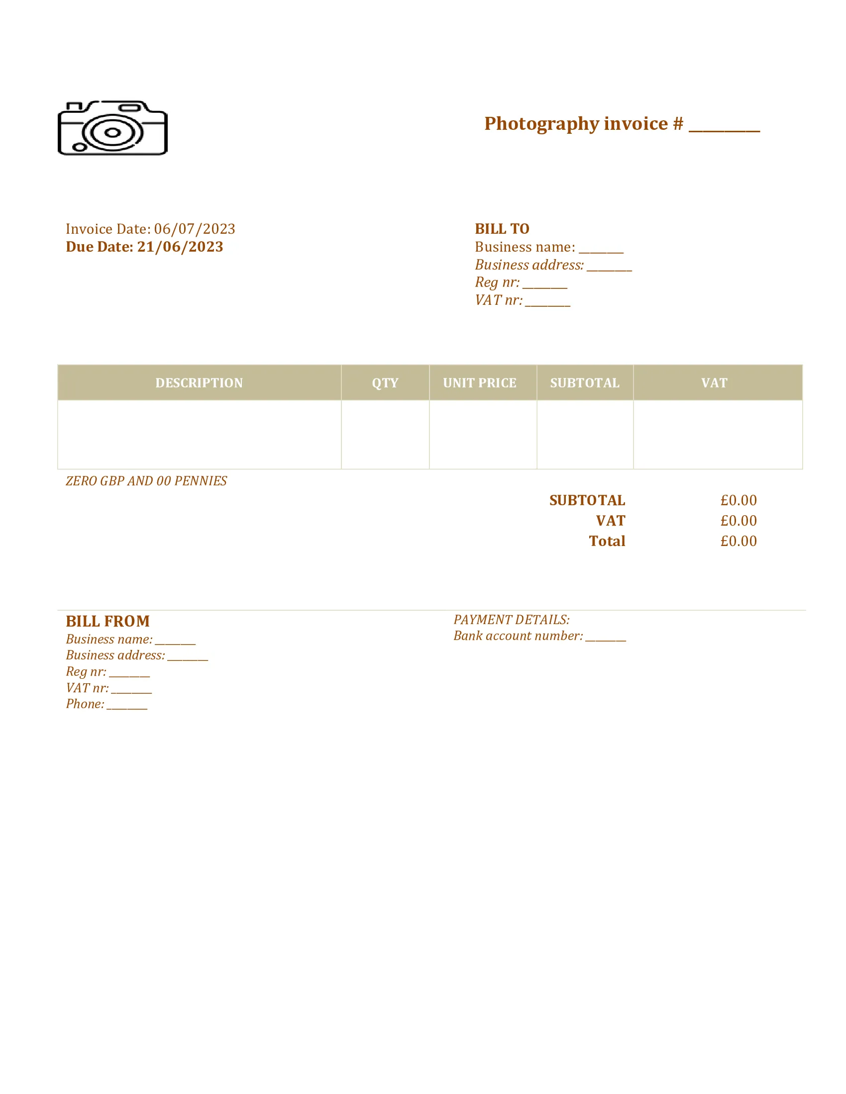 Downloadable Photography Invoice Template UK Word / Google docs