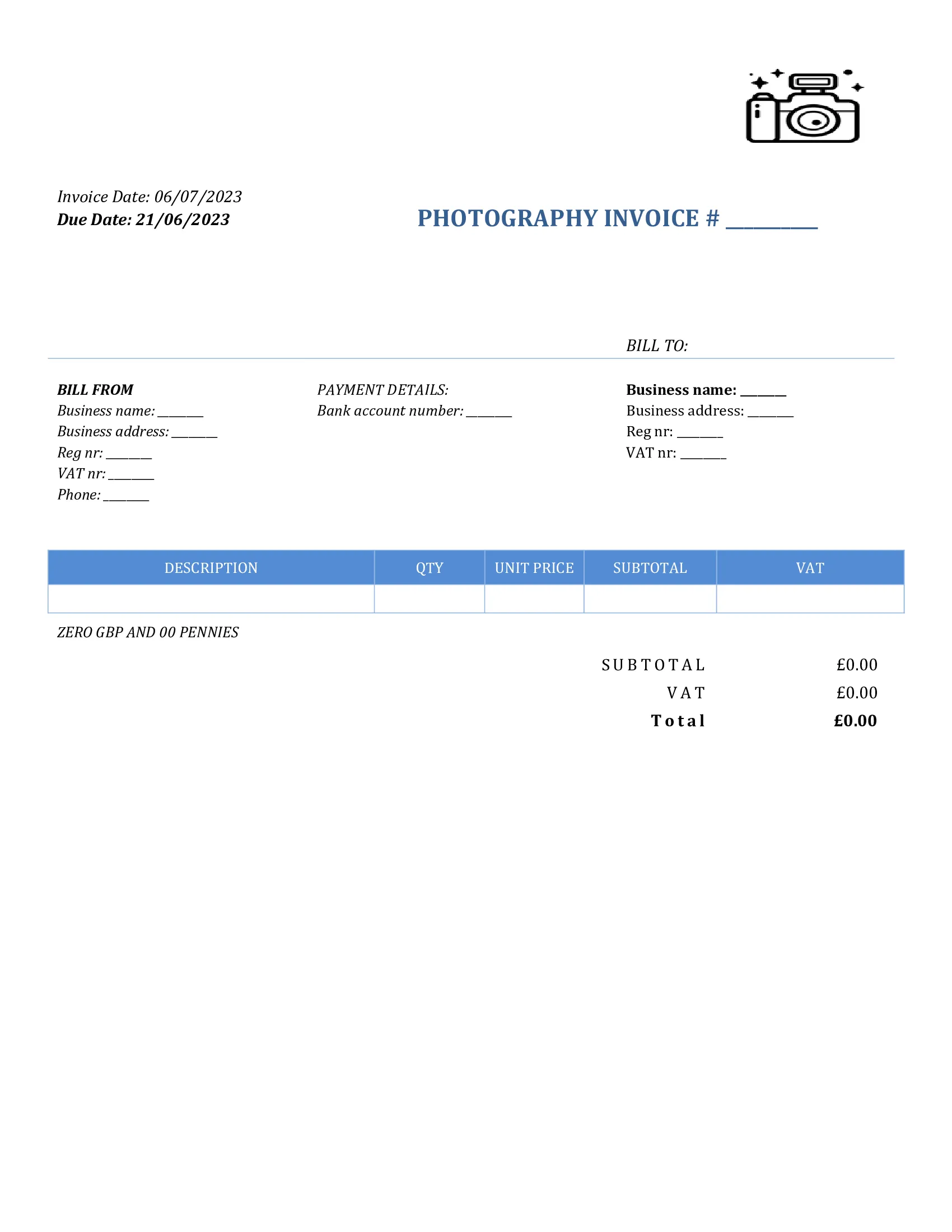 Downloadable Photography Invoice Template UK Word / Google docs