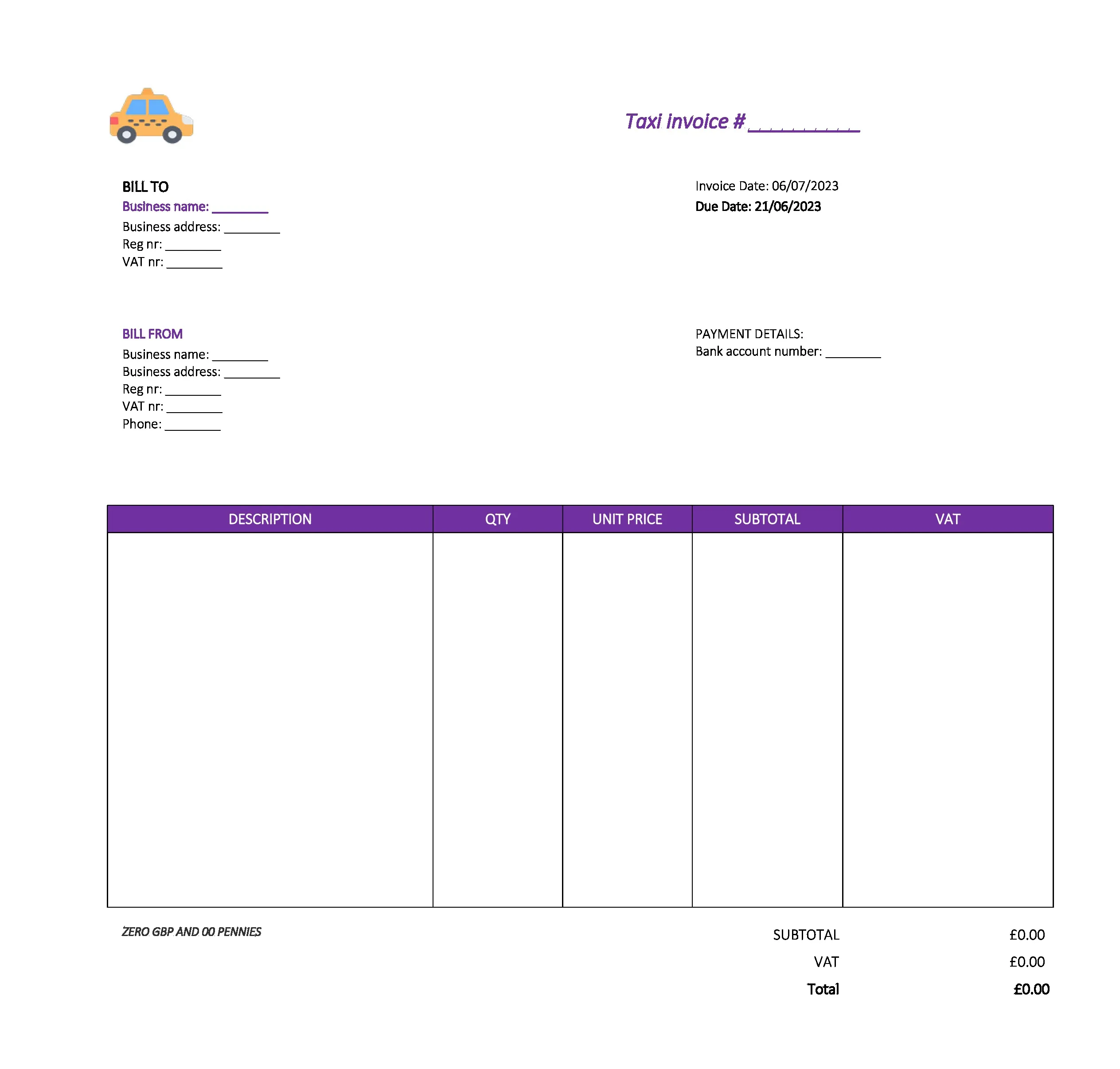 Cool Taxi Invoice Template UK Excel / Google sheets