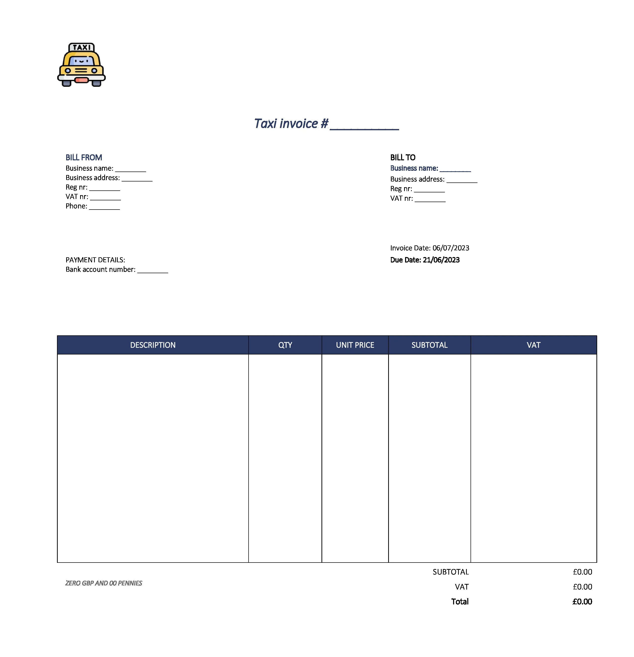 Detailed Taxi Invoice Template UK Excel / Google sheets