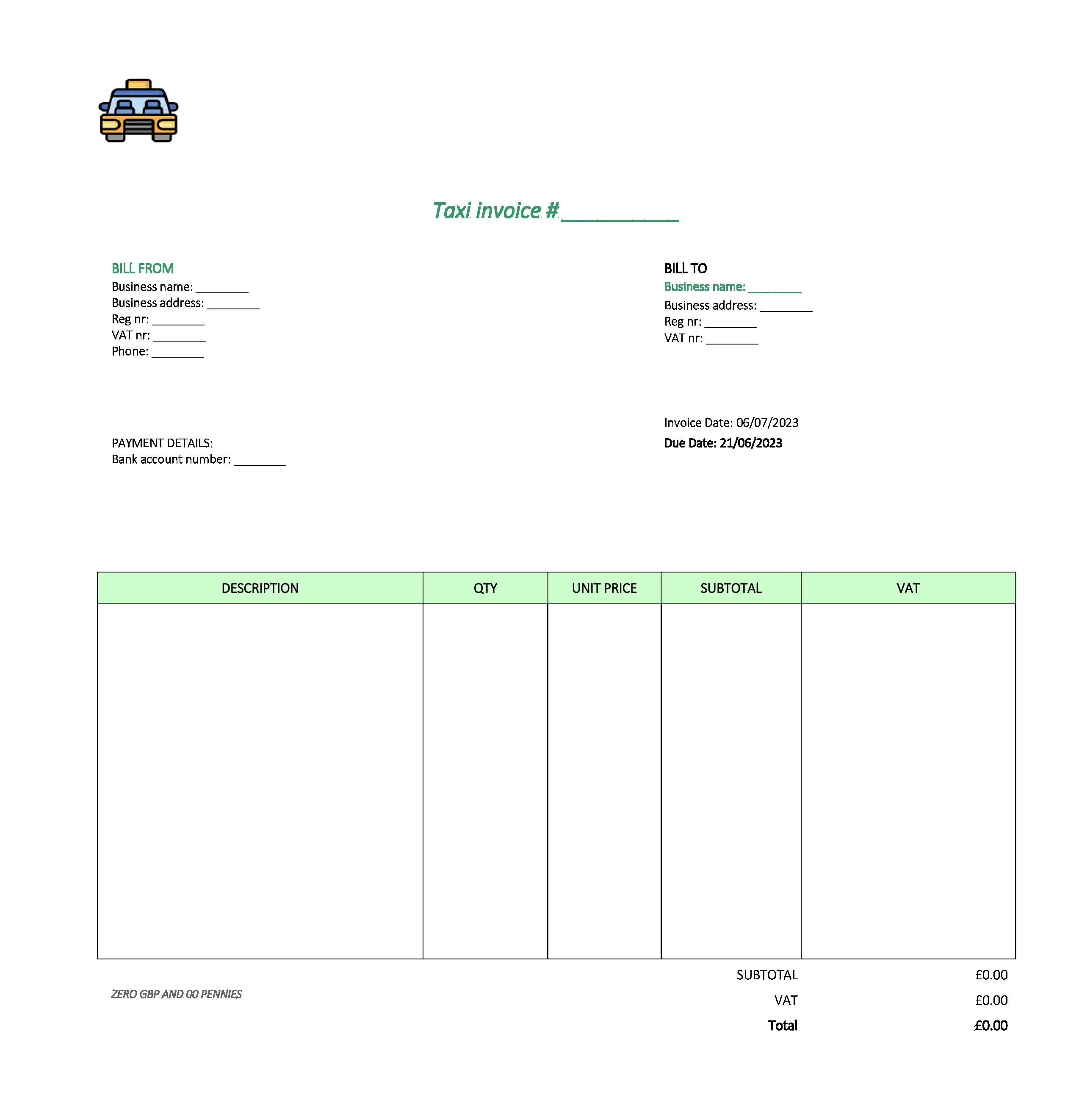 Basic Taxi Invoice Template UK Word / Google docs