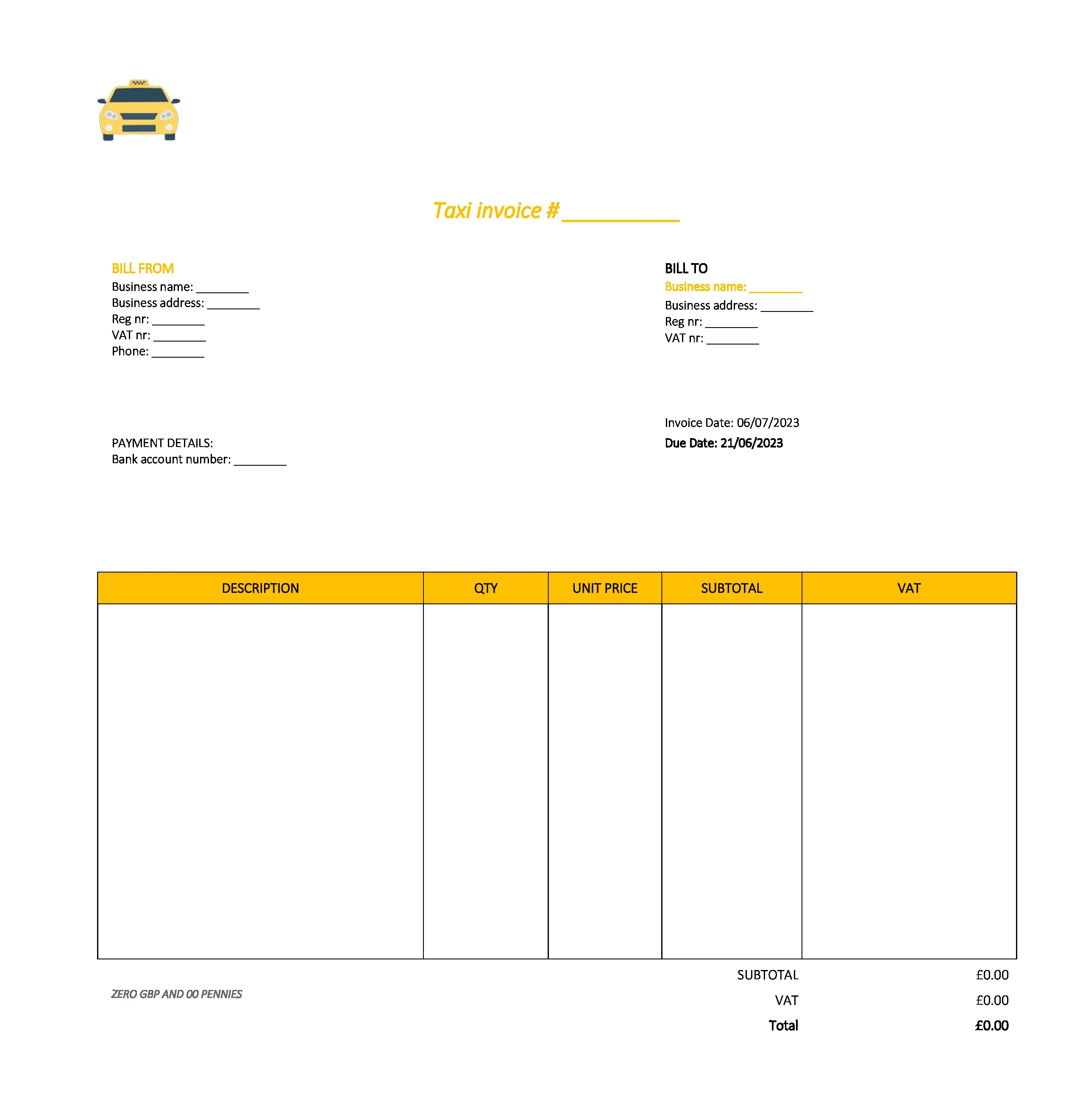 Draft Taxi Invoice Template UK Excel / Google sheets