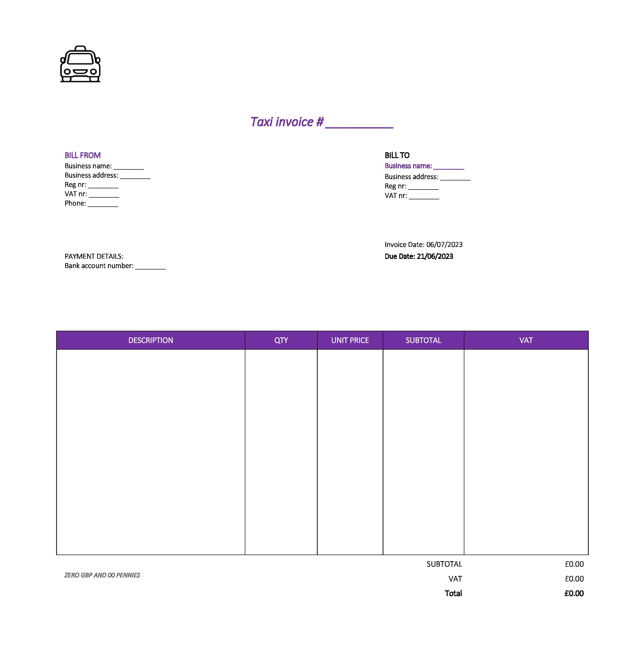Pretty Taxi Invoice Template UK Excel / Google sheets