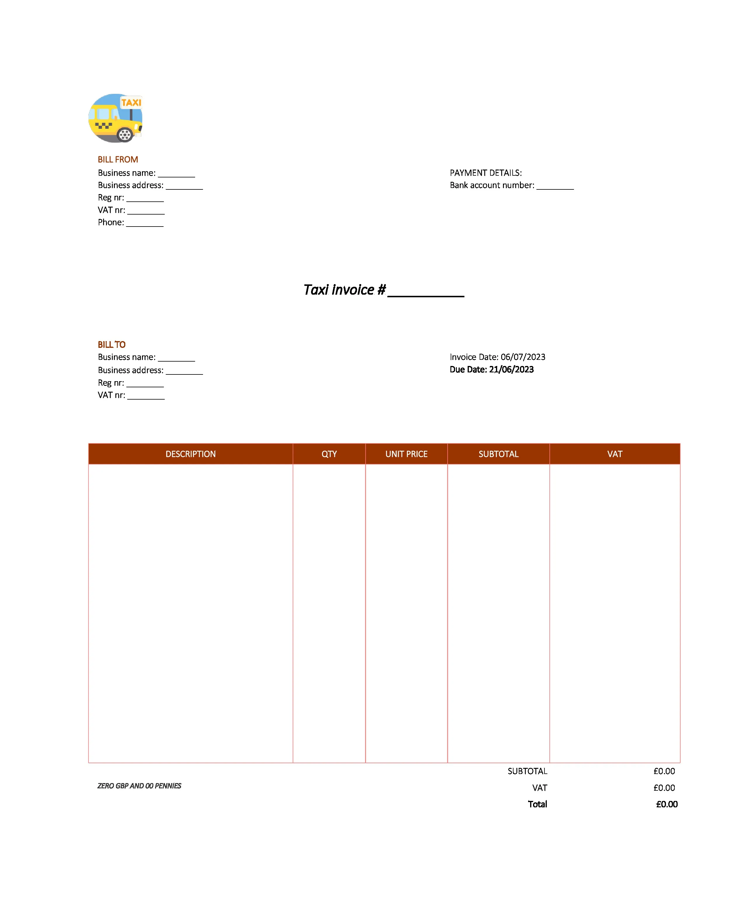 Basic Taxi Invoice Template UK Word / Google docs