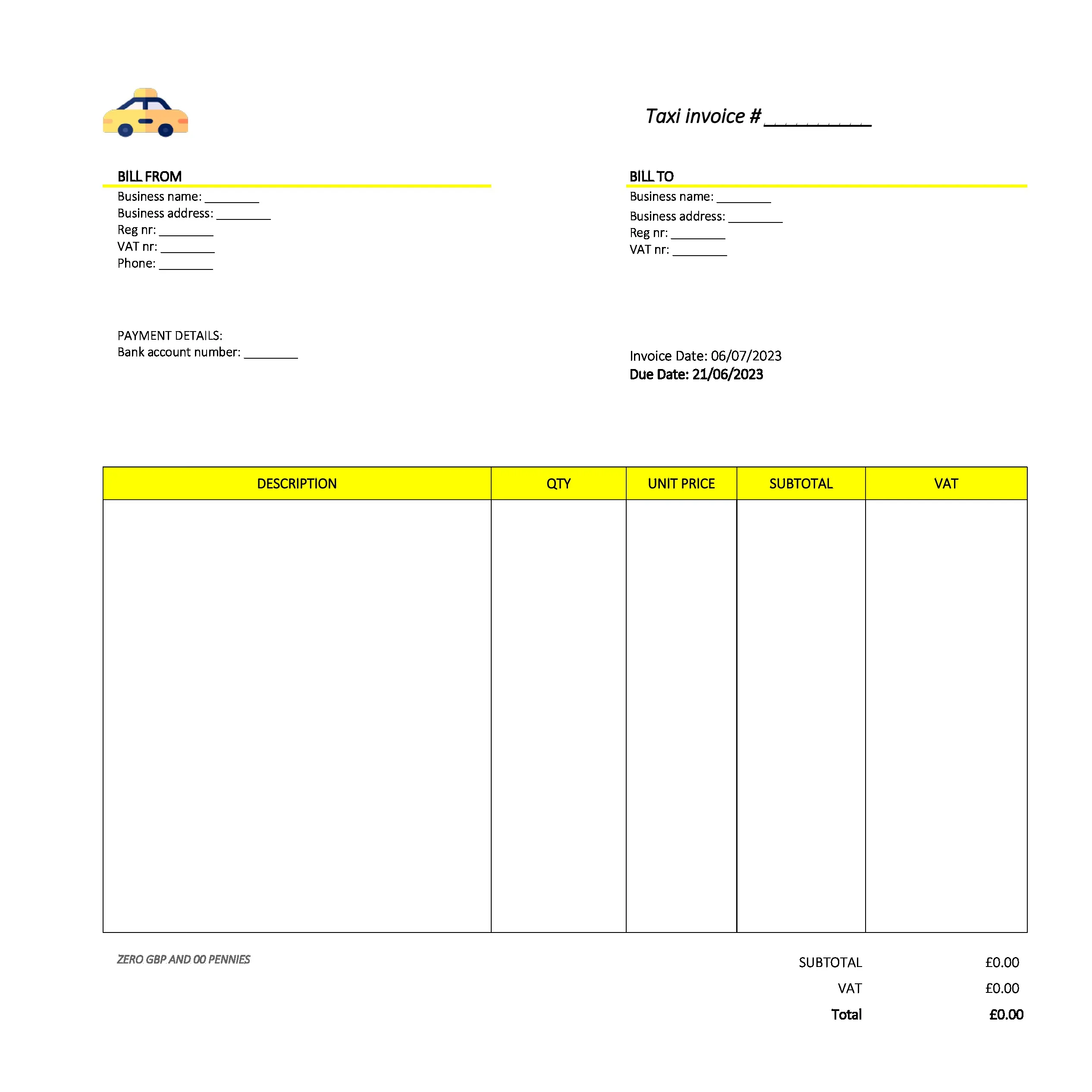 Basic Taxi Invoice Template UK Word / Google docs