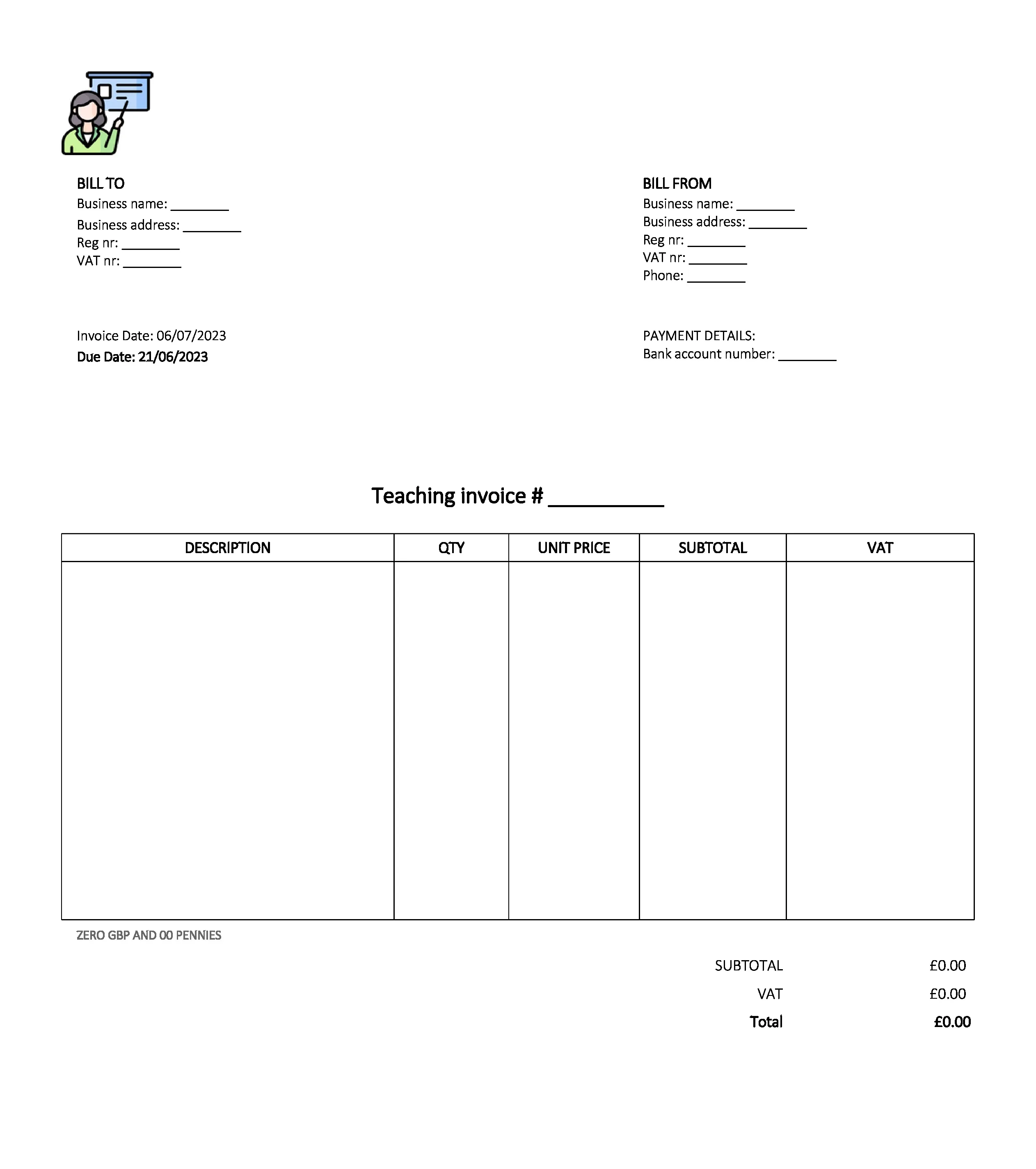 Basic Teaching Invoice Template UK Word / Google docs