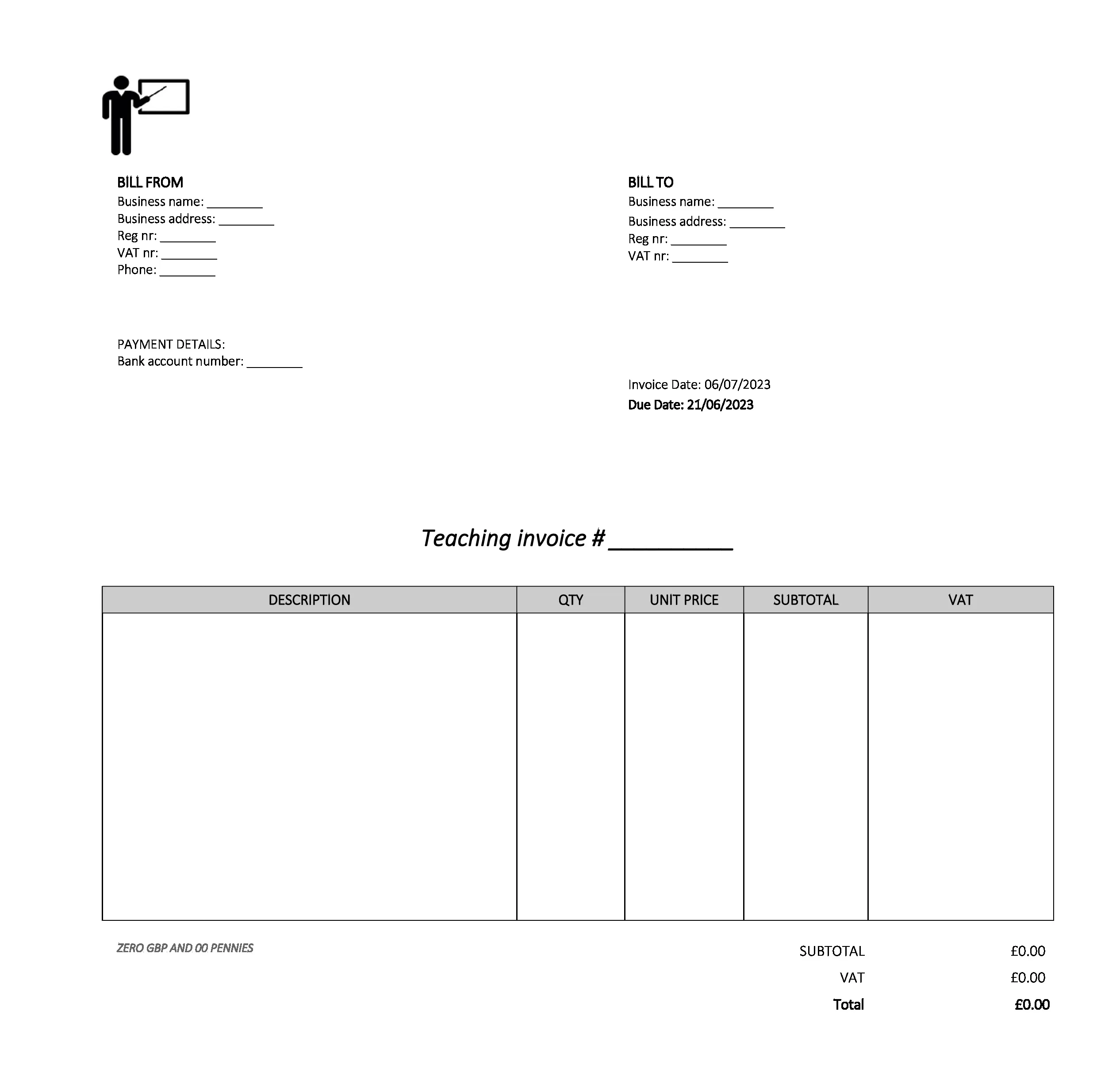 Basic Teaching Invoice Template UK Word / Google docs