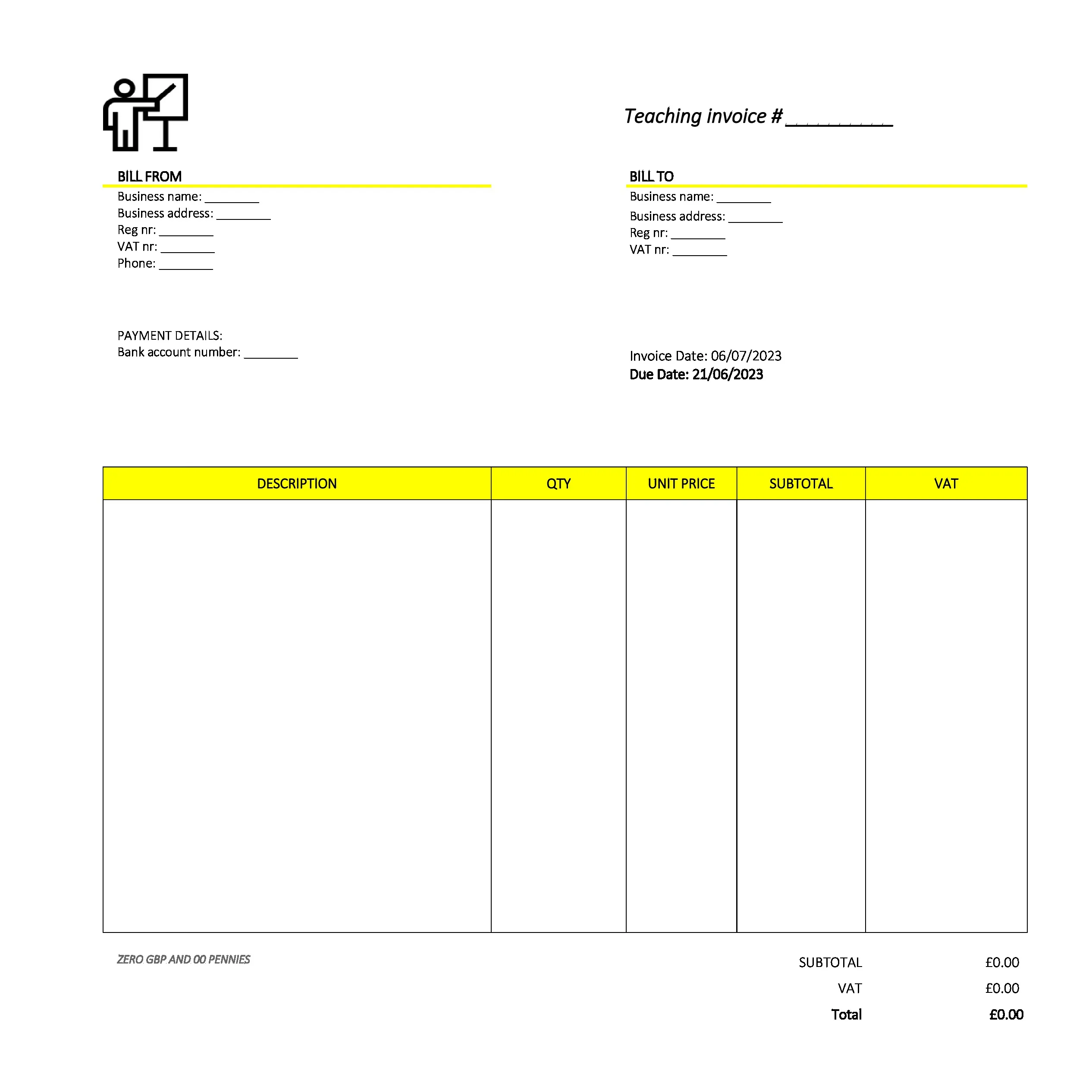 Basic Teaching Invoice Template UK Word / Google docs