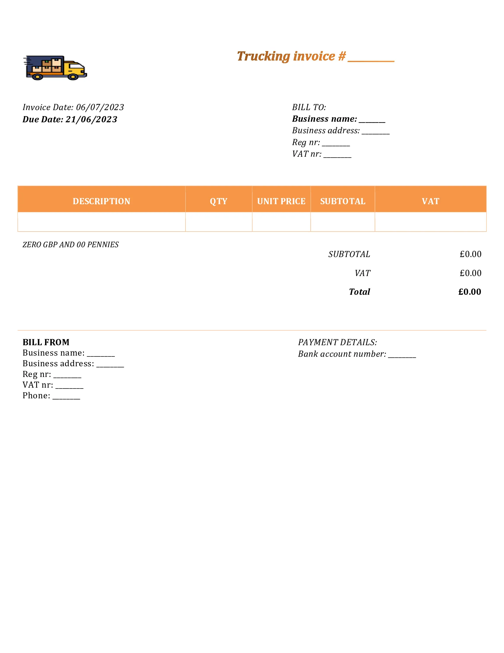 Personal Trucking Invoice Template UK Word / Google docs